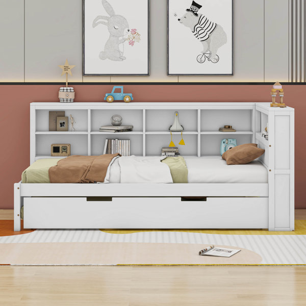 Cosmic Wooden Daybed with Twin Size Trundle, Storage Shelf and USB ...