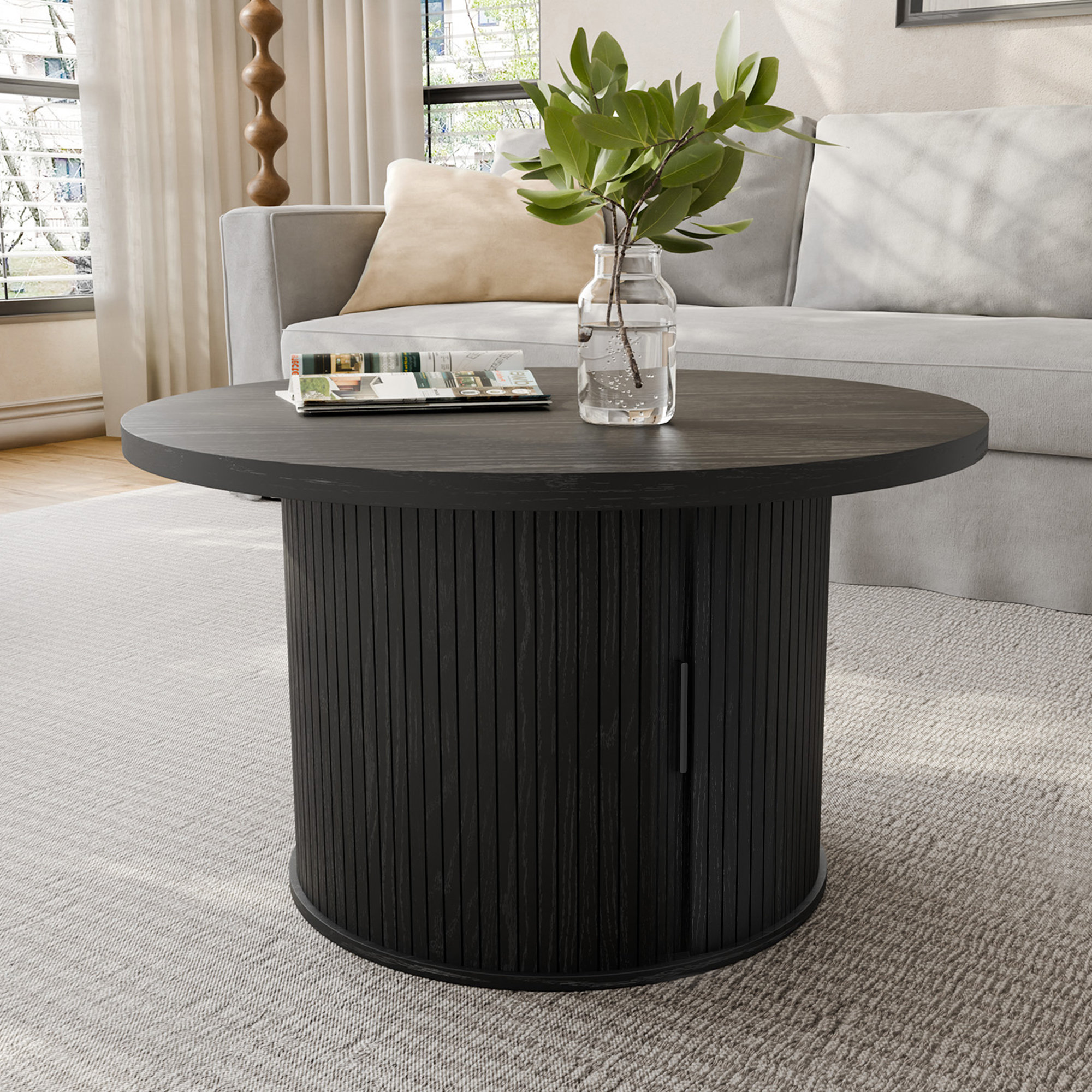 StorageWorks Tambour Design Round Coffee Table with Adjustable Storage ...