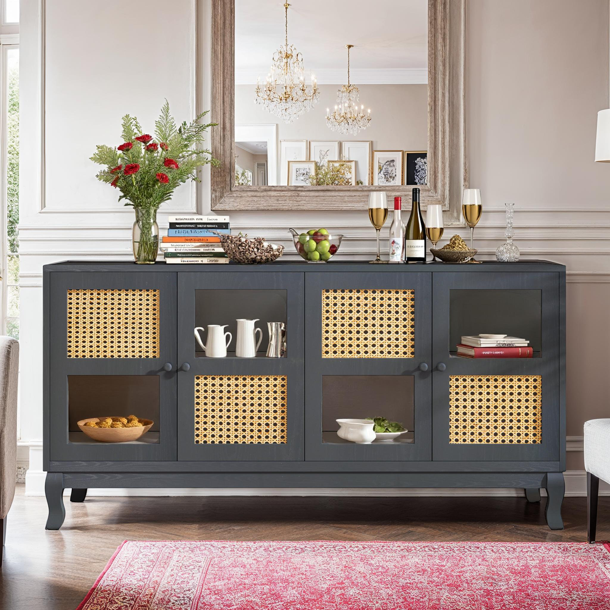 Bay Isle Home™ 59” Buffet Cabinet Sideboard with Glass & Cane Doors ...