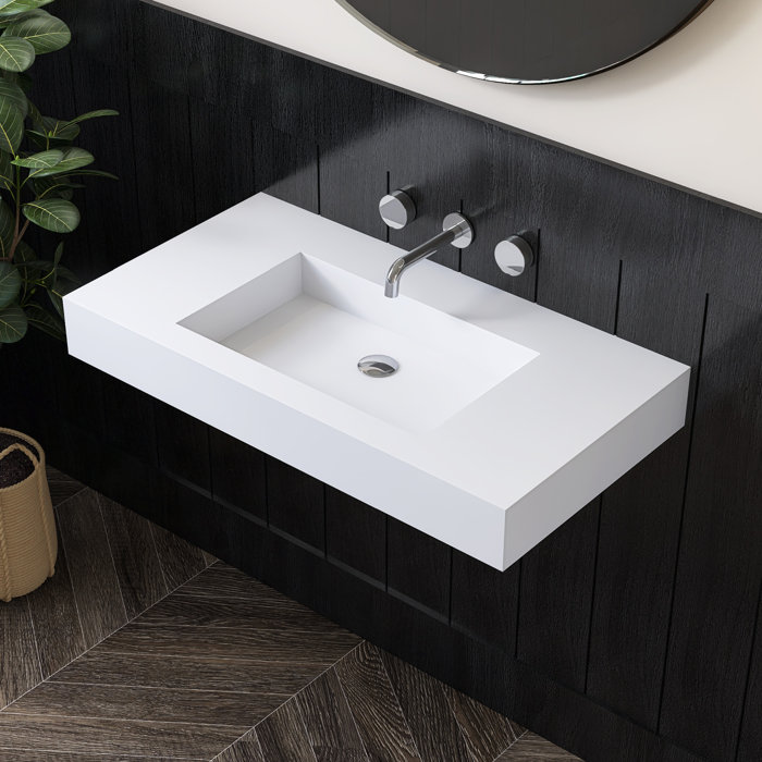 MEDUNJESS 35'' Wall Mounted Bathroom Sink Solid Surface Rectangular ...