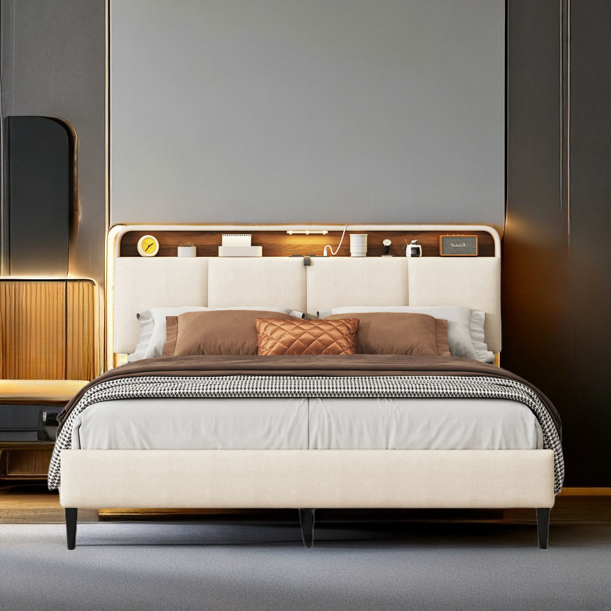 INZONT Upholstered Platform Bed With Storage Headboard, Sensor Light ...