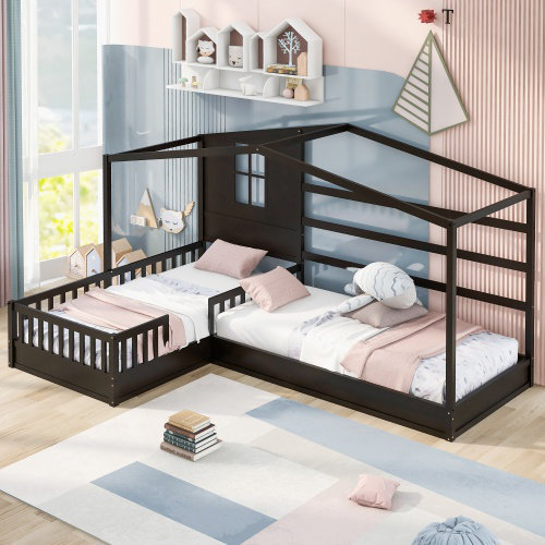 Twin Wood House Bed, 2 Twin Solid Pine Beds with Fence & Slatted Frame ...