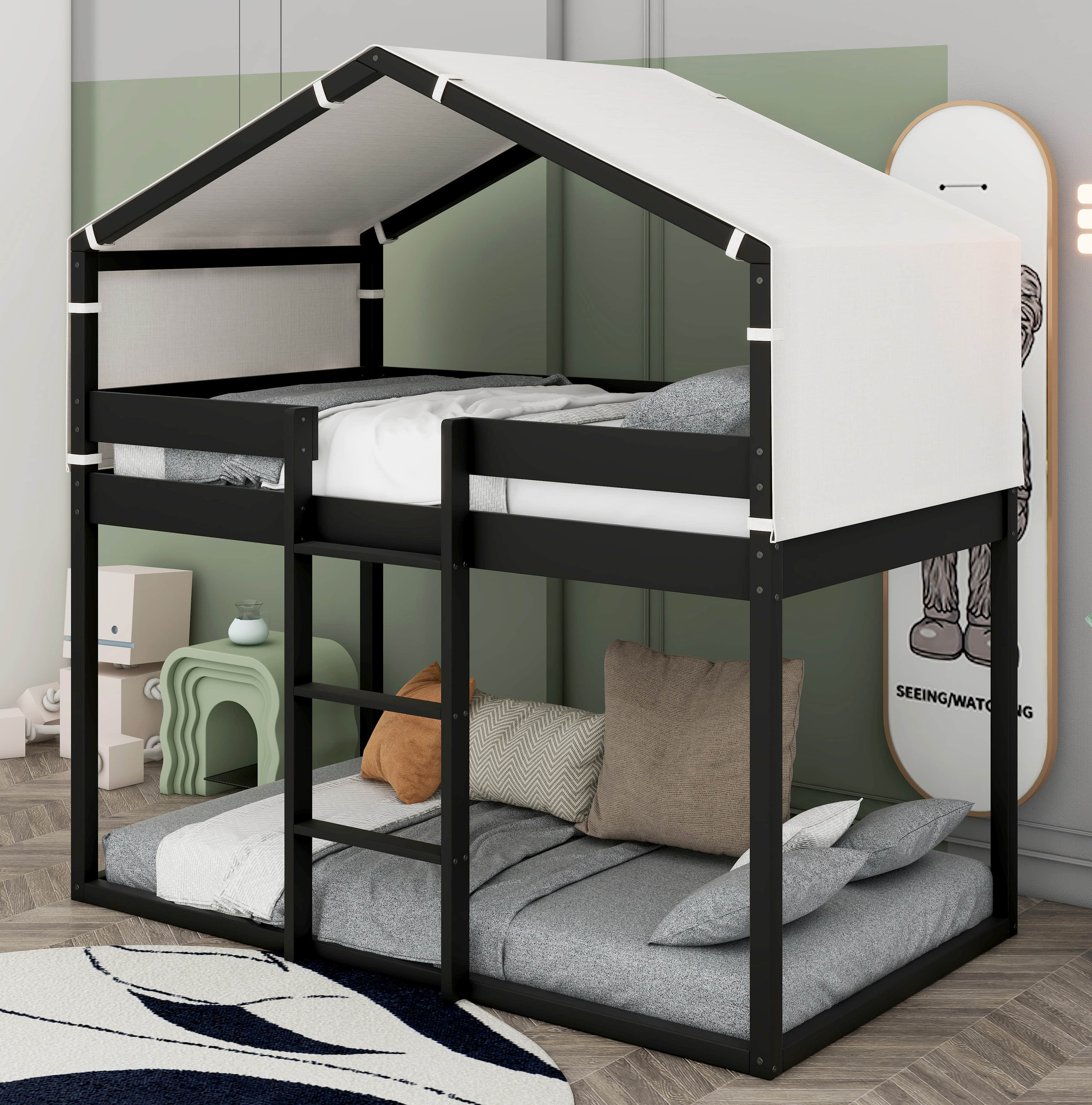 Harper Orchard Teachey Twin Over Twin Bunk Bed Wood Bed with Tent | Wayfair