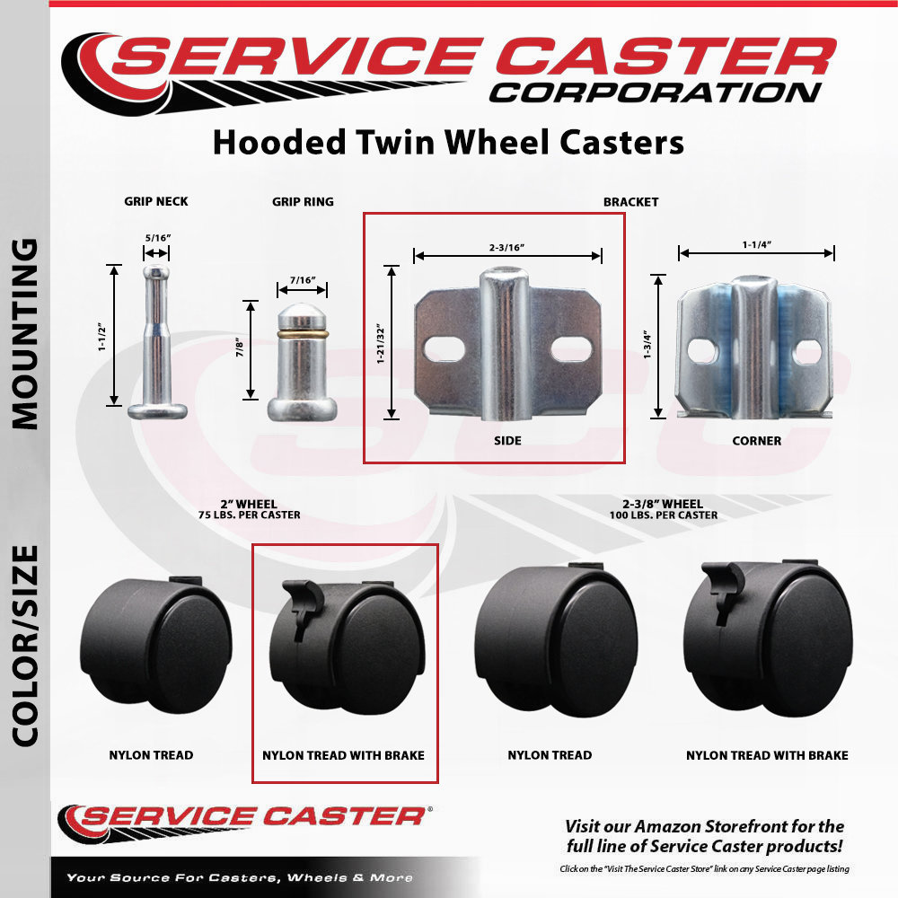 Service Caster Nylon Wheel Caster with Brake and Side Mount Brackets ...