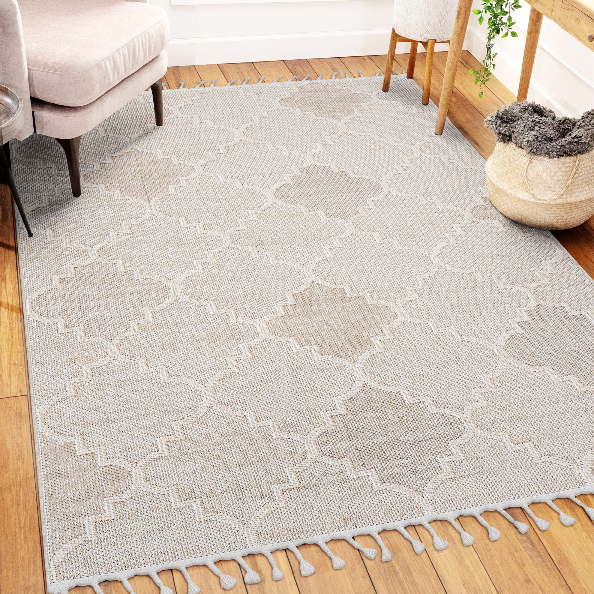 Winston Porter Area Rug, Collection 5X7 Cream /Trellis Indoor/Outdoor ...