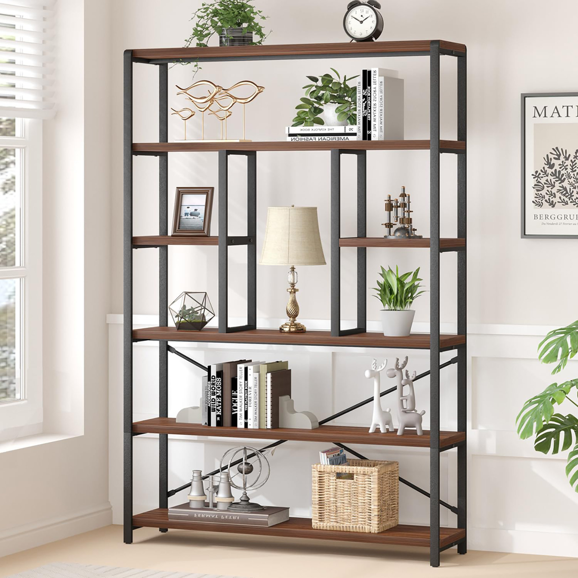 17 Stories 6 Tier Industrial Wooden and Metal Etagere Bookcase - Tall ...