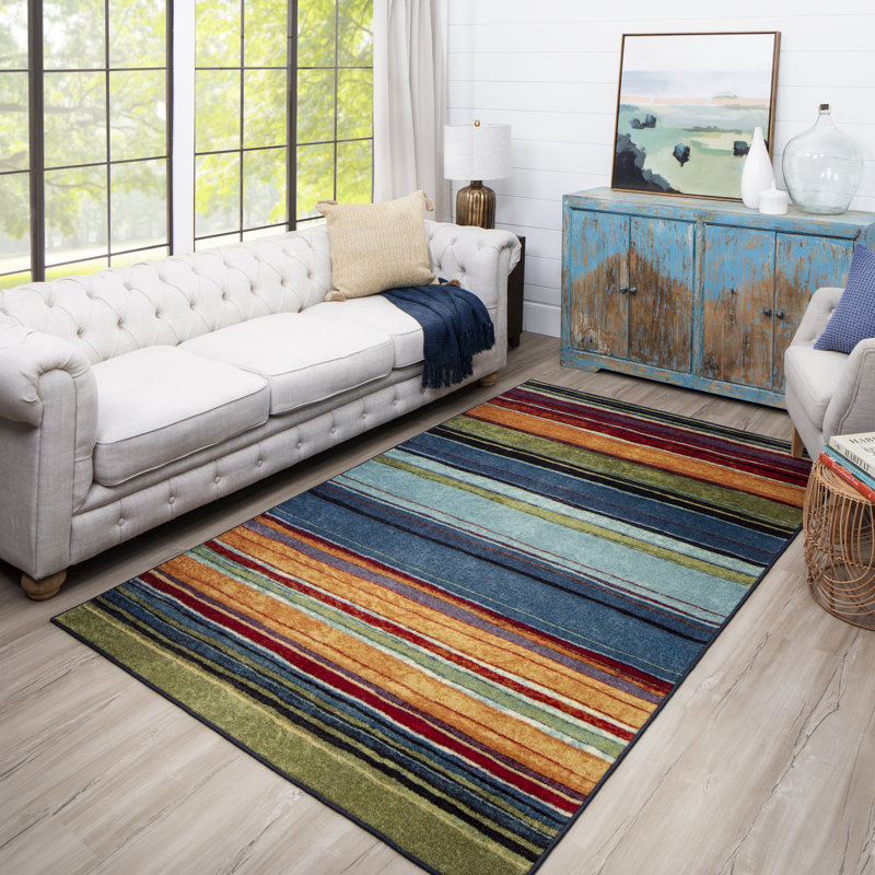 Highland Dunes Farranshane Striped Tufted Blue/Orange/Green Area Rug ...