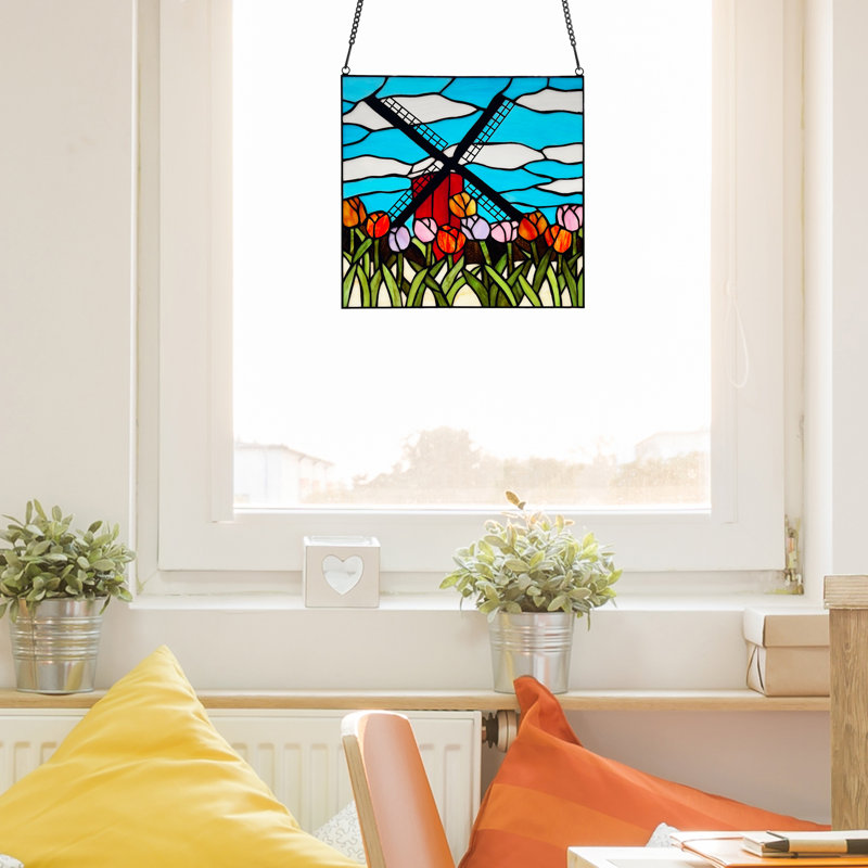 August Grove® 14.5"H Windmill Stained Glass Window Panel & Reviews ...