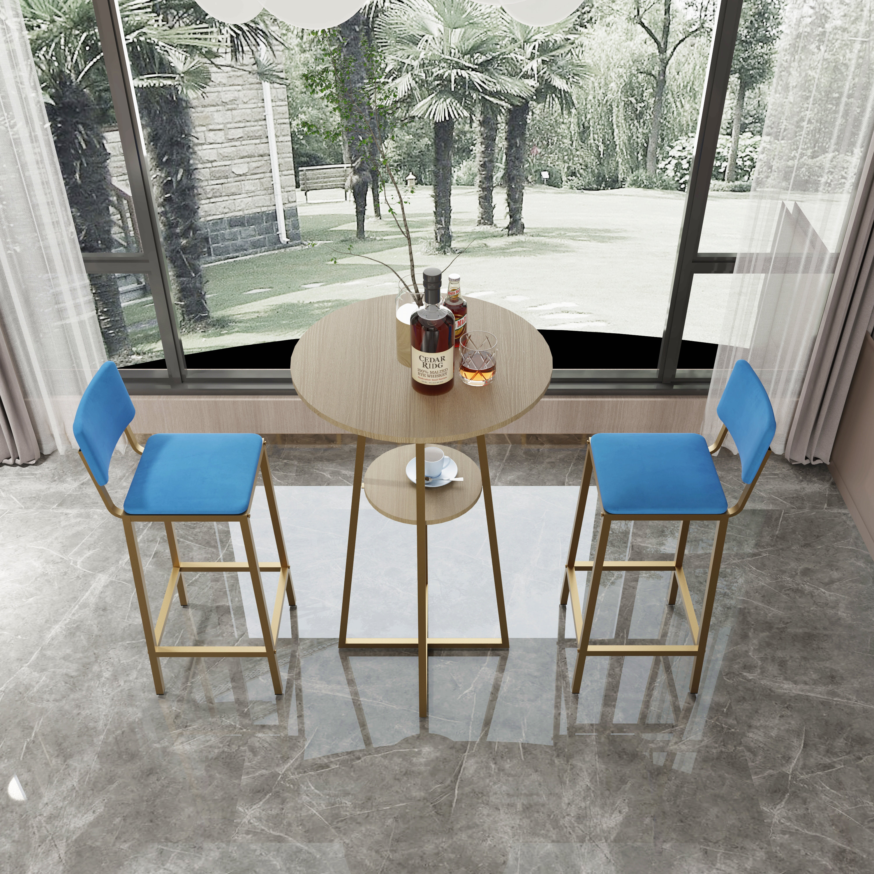 LICEN-Home Bar Table And Chairs Three Piece Set, Gold Frame, Sponge ...