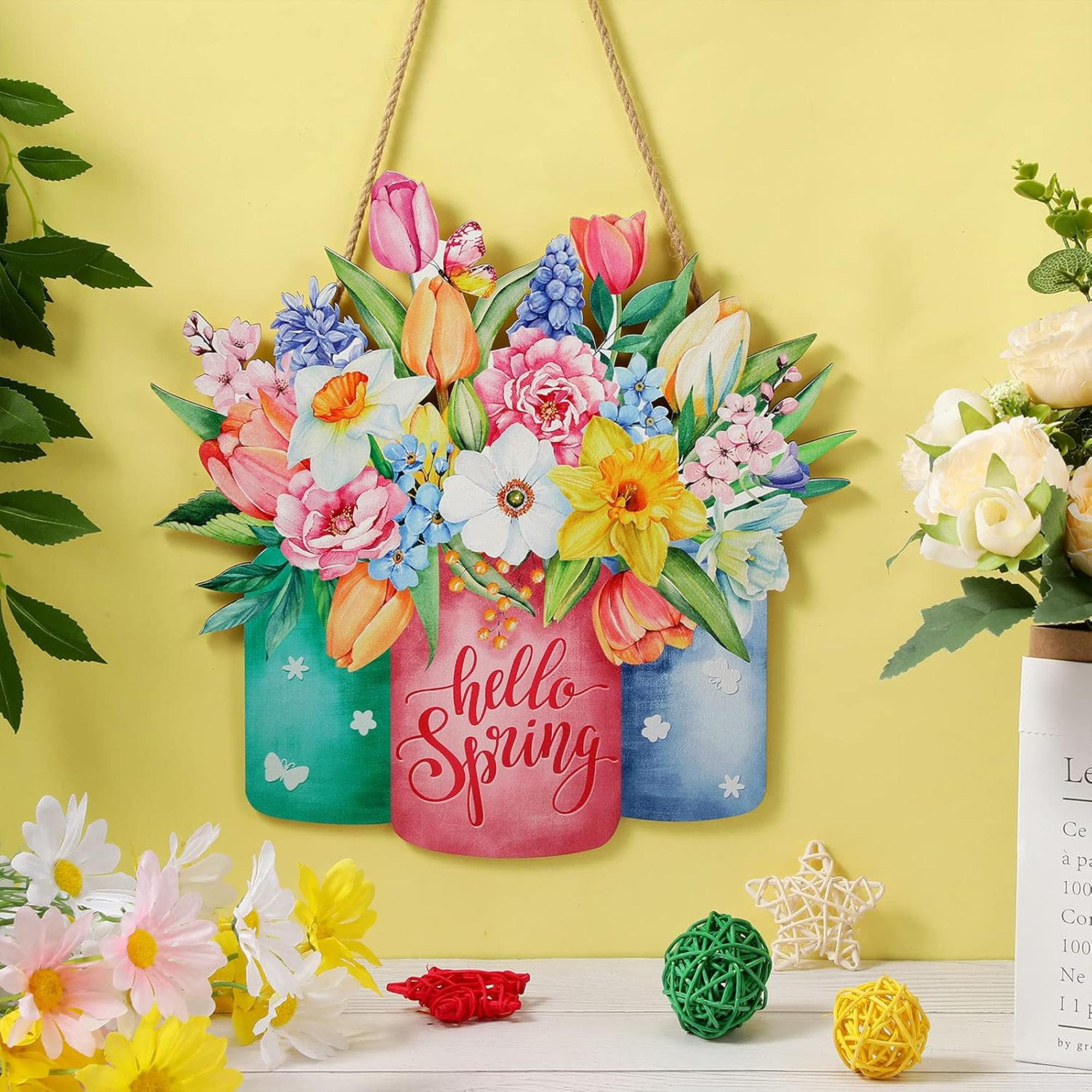 The Holiday Aisle® Hello Spring Door Sign Colorful Floral Spring ...