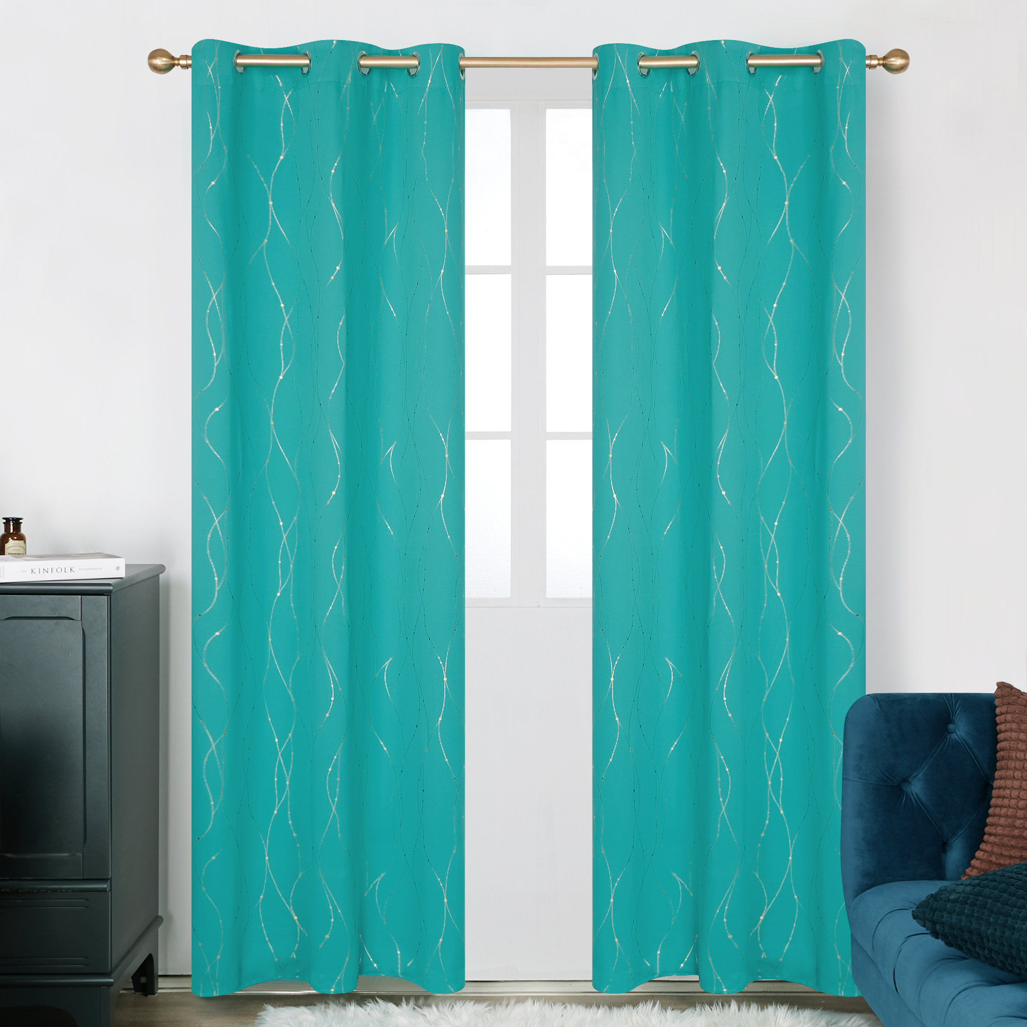 Ebern Designs Gold Wave Line And Dots Printed Blackout Grommet Curtains ...