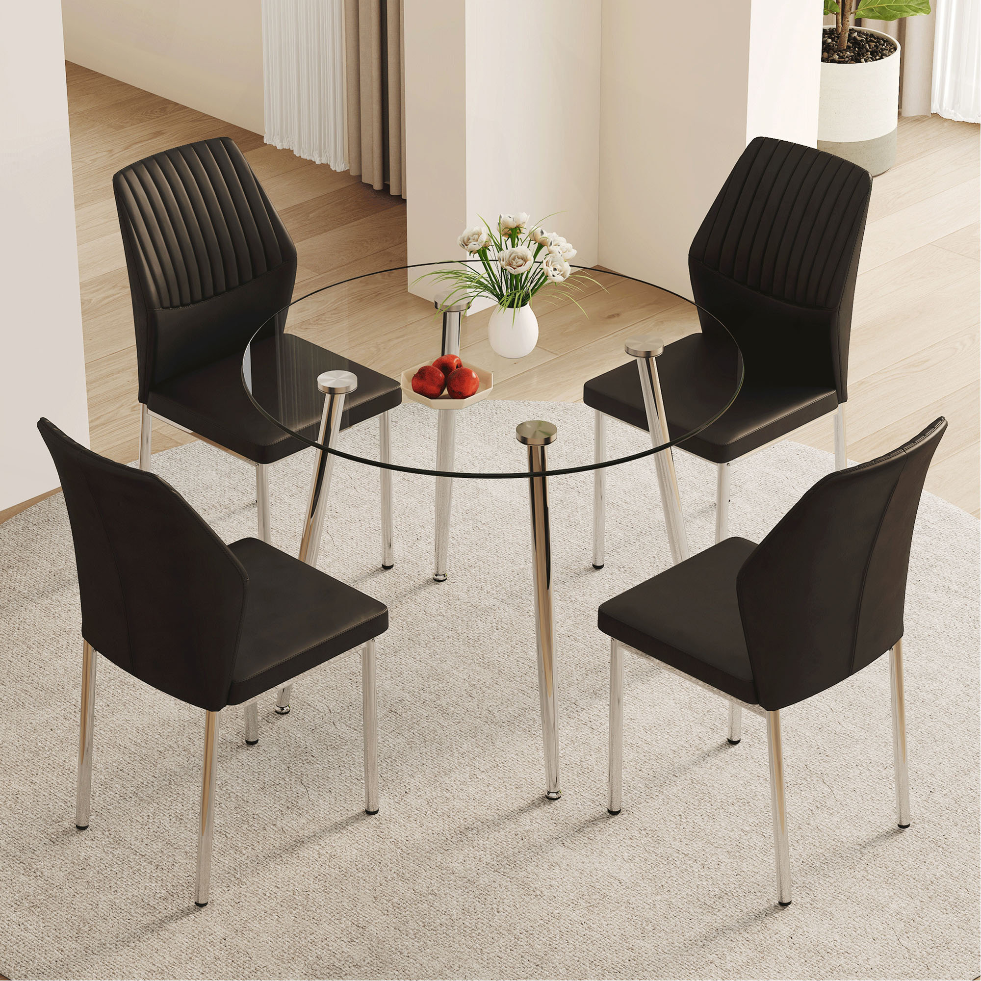 Ivy Bronx Table And Chair Set.A 38.6" Transparent Tempered Glass Round ...