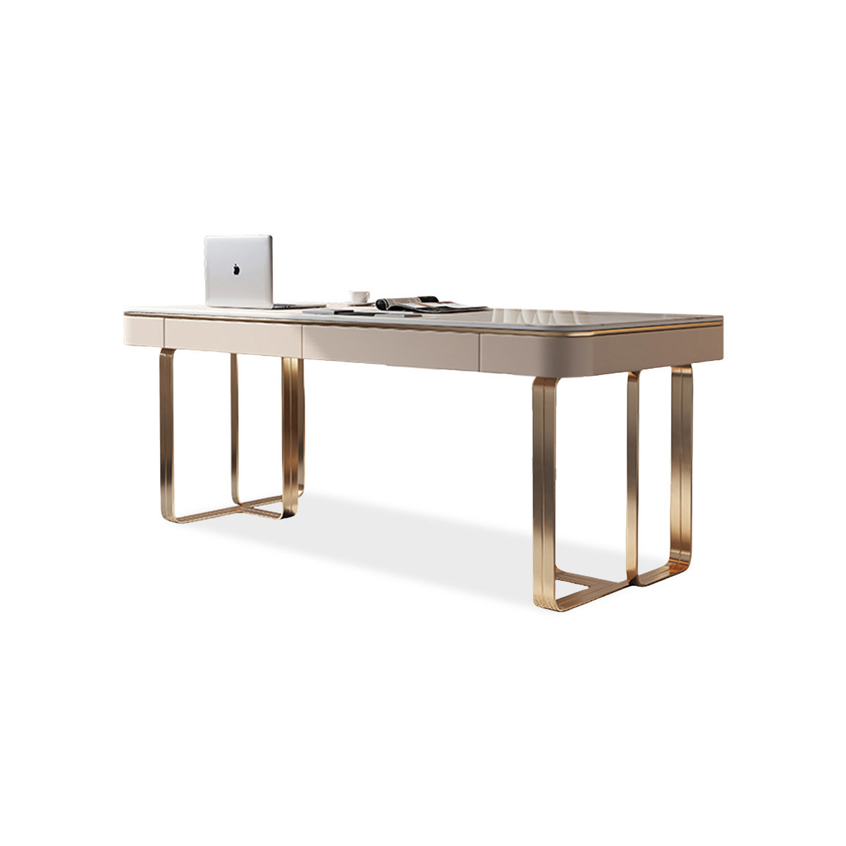 Hokku Designs A beige rectangular rock plate desk with drawers | Wayfair