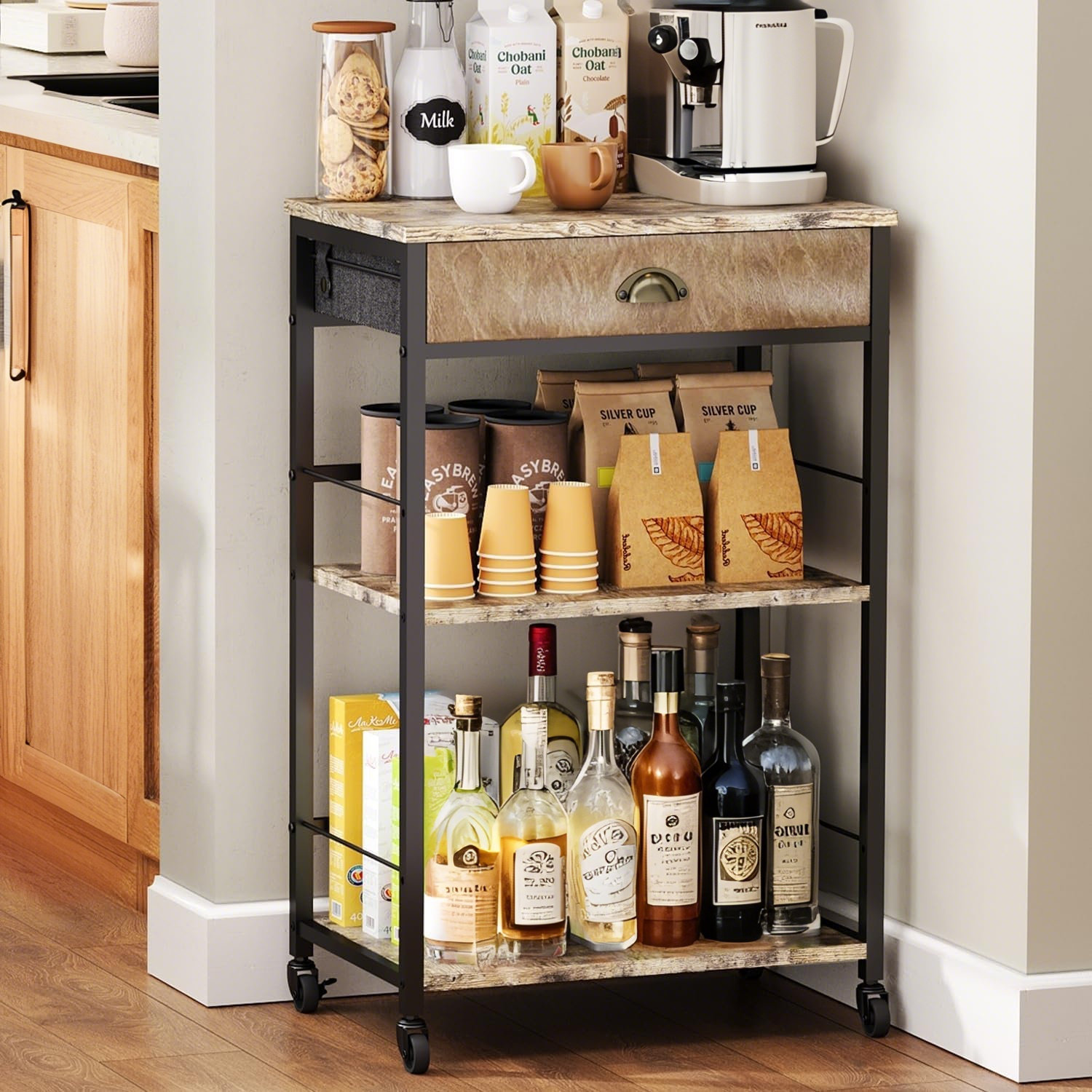 17 Stories Farmhouse Coffee Bar Station With Rolling Wheels For Small ...