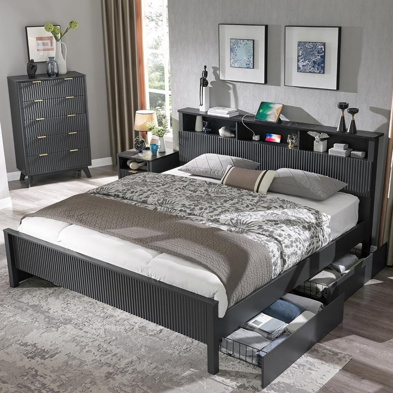 Red Barrel Studio® Alteo Fluted Panel Bed Frame With Charging Station ...