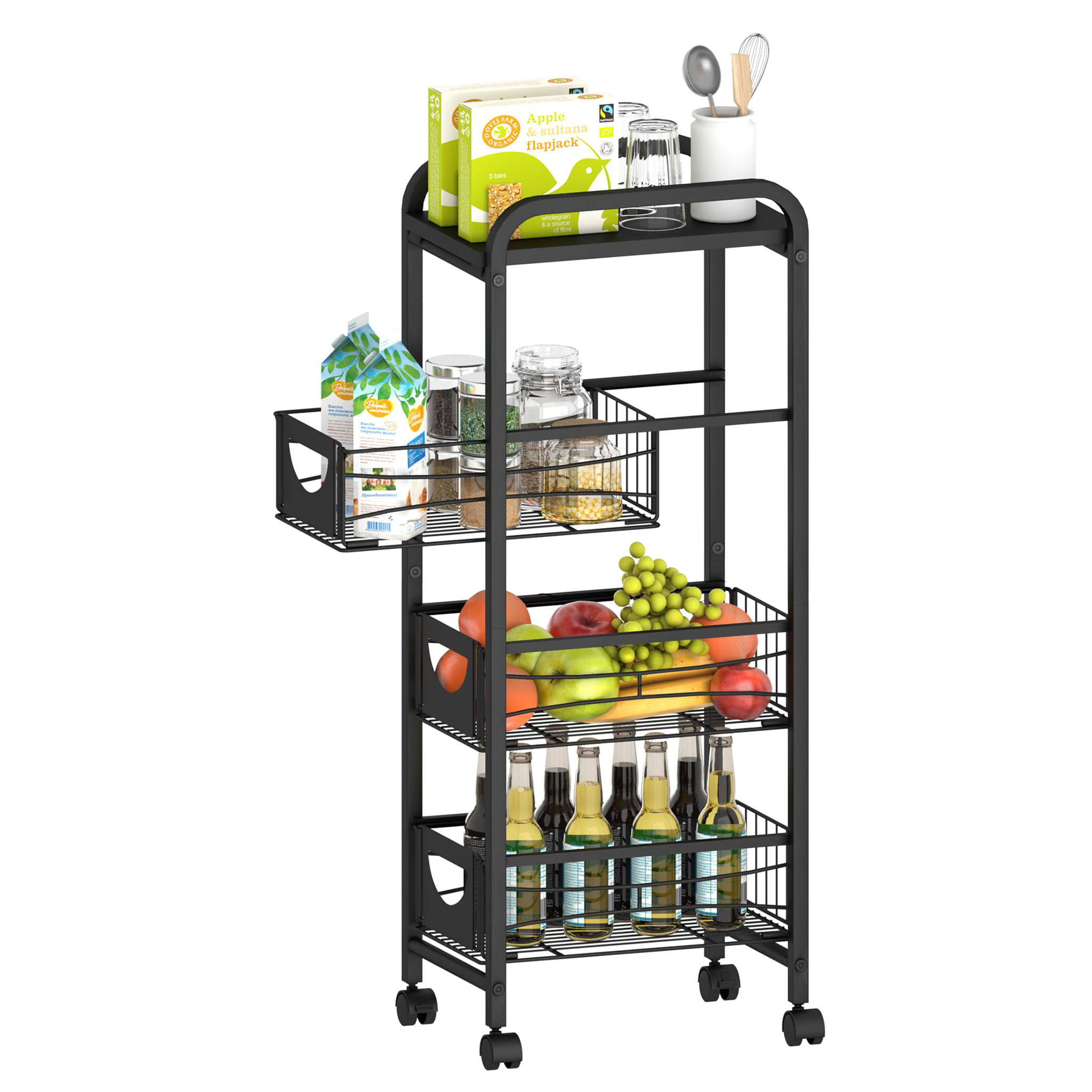 Rebrilliant 4-Tier Narrow Rolling Storage Cart - Black Metal & Wood ...