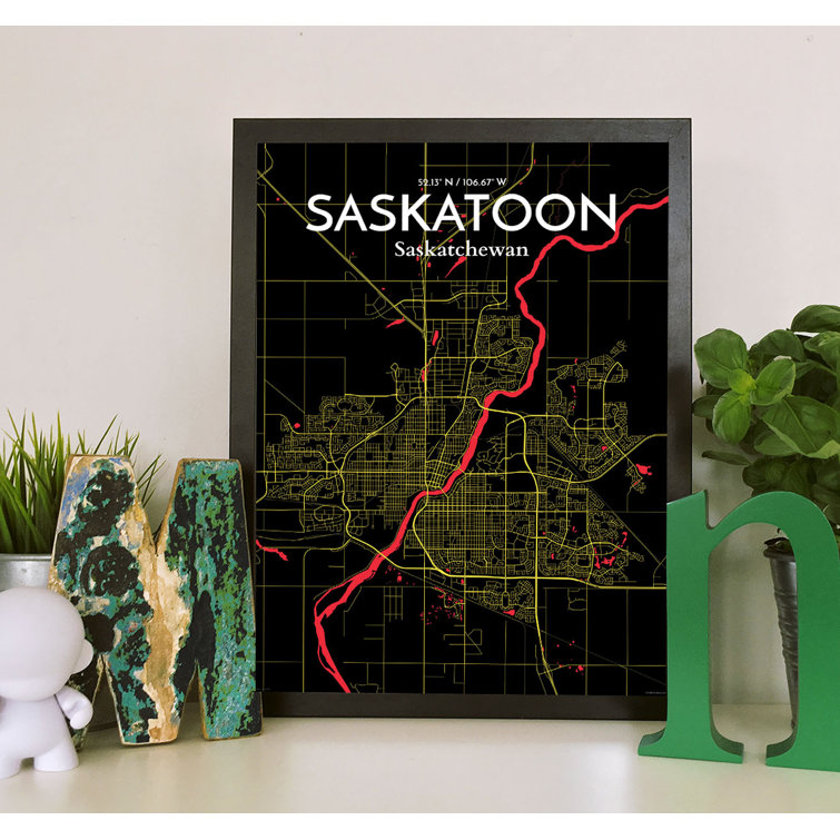 OurPoster.com 'Saskatoon City Map' Graphic Art Print in Black/Yellow ...