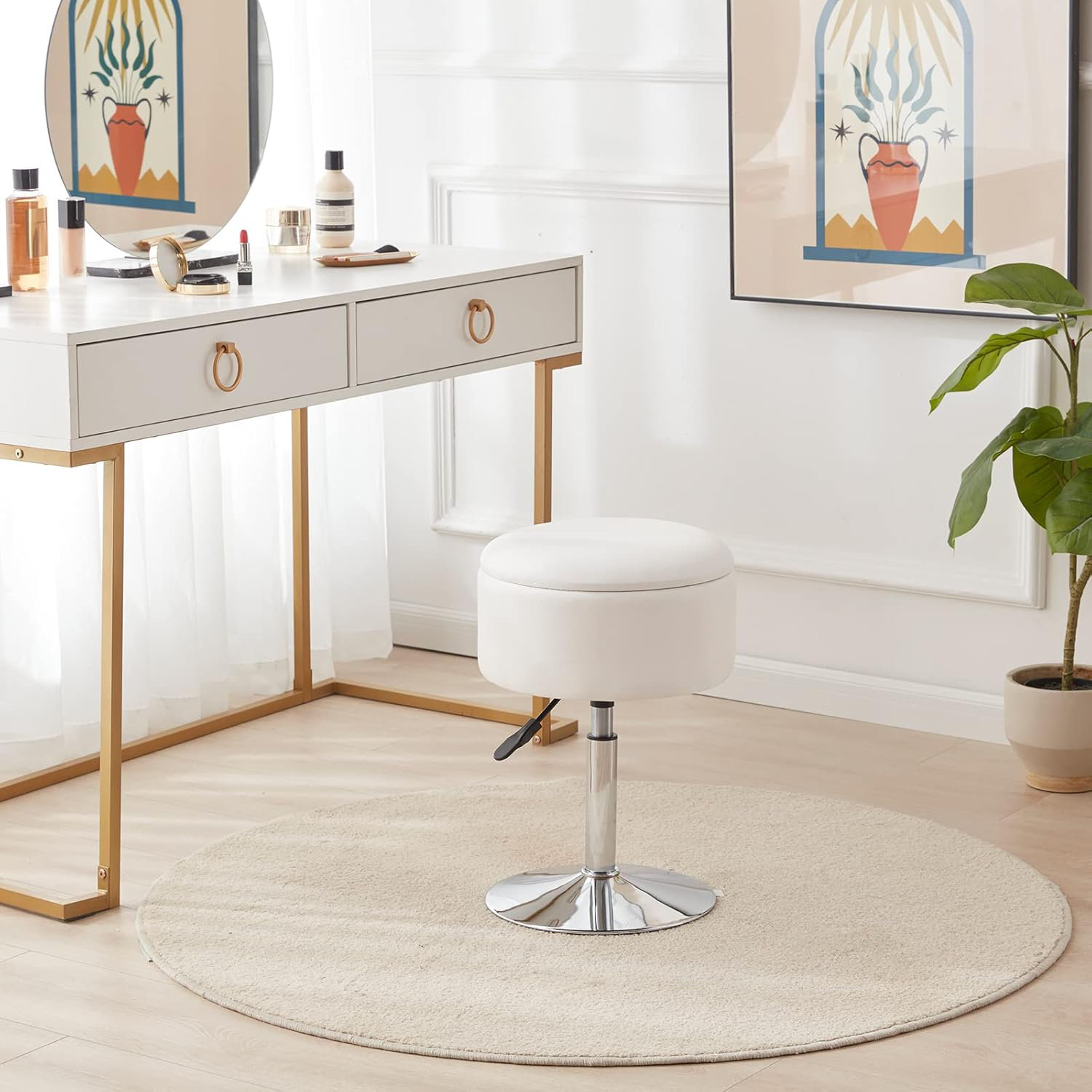 Wrought Studio™ Adjustable Ottoman Stool White Vanity Stool Vanity ...