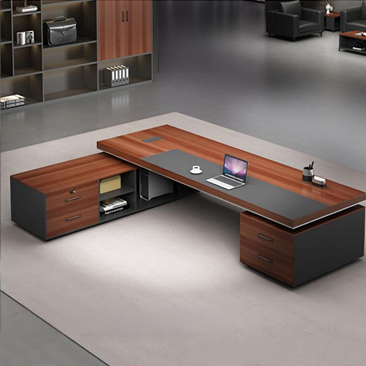 17 Stories 110.24"Modern administrative L-shaped brown particle board ...