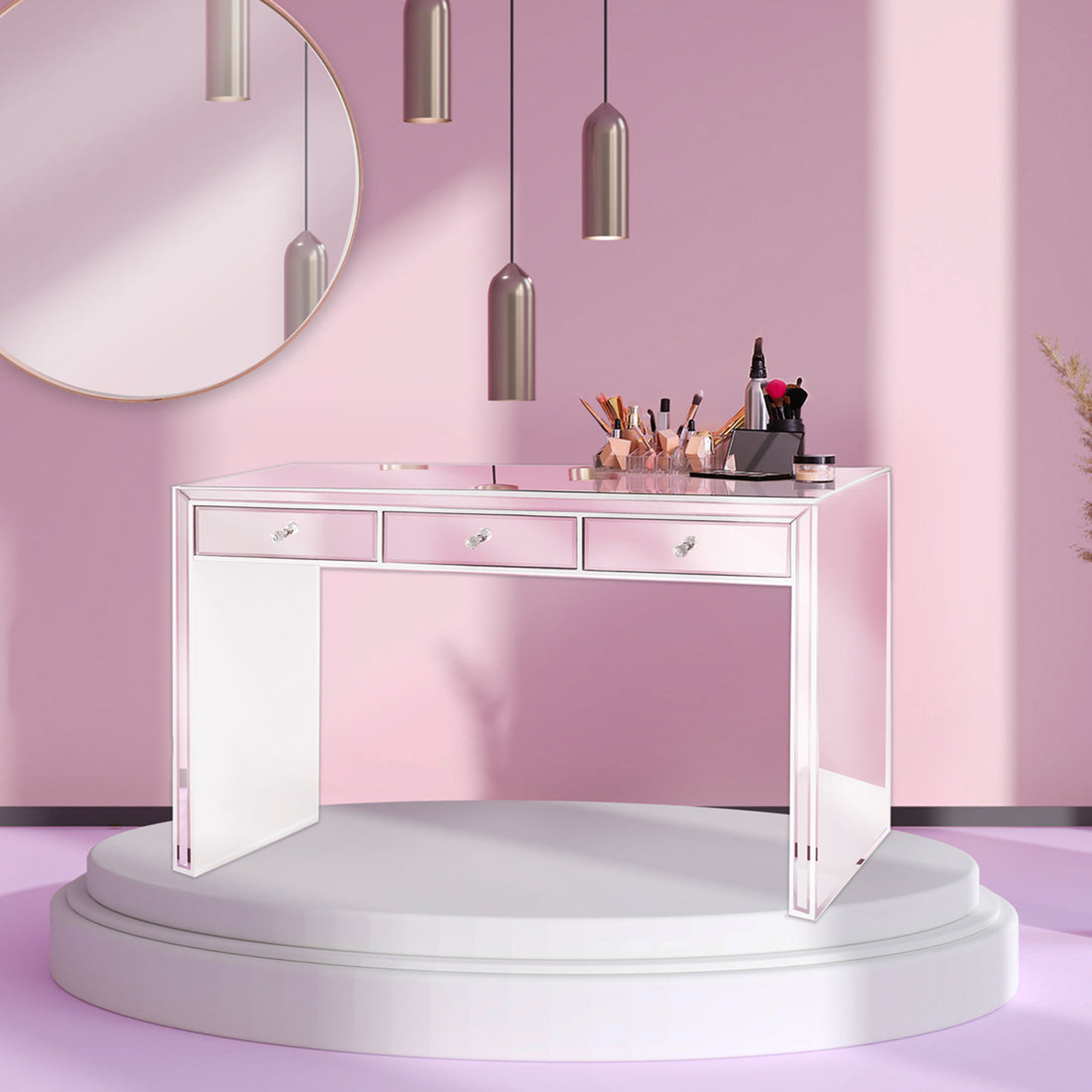Everly Quinn Leah Premium Mirrored Vanity Table with Three Pull Out ...