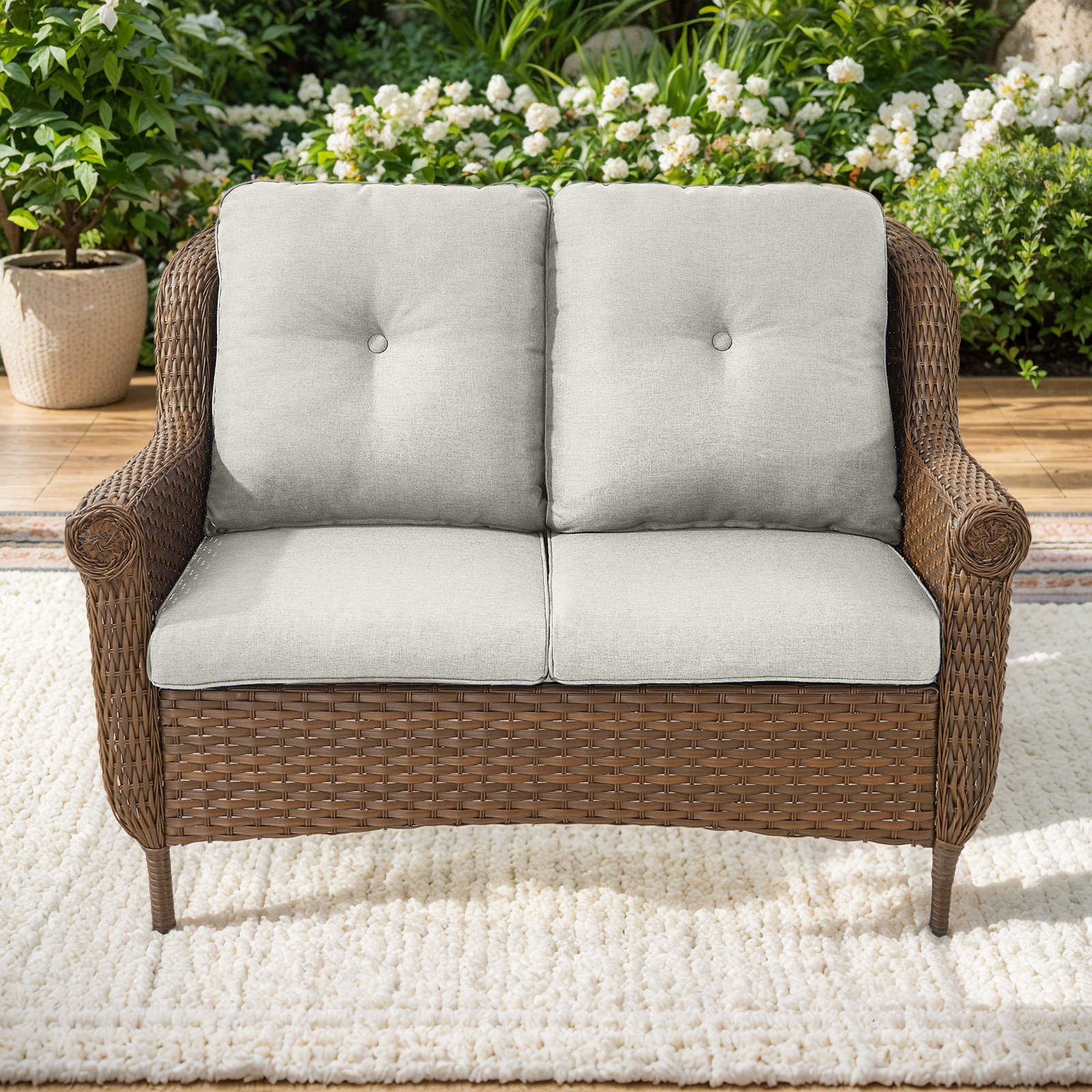 Winston Porter Premium Outdoor Wicker Loveseat Sofa With Comfortable ...