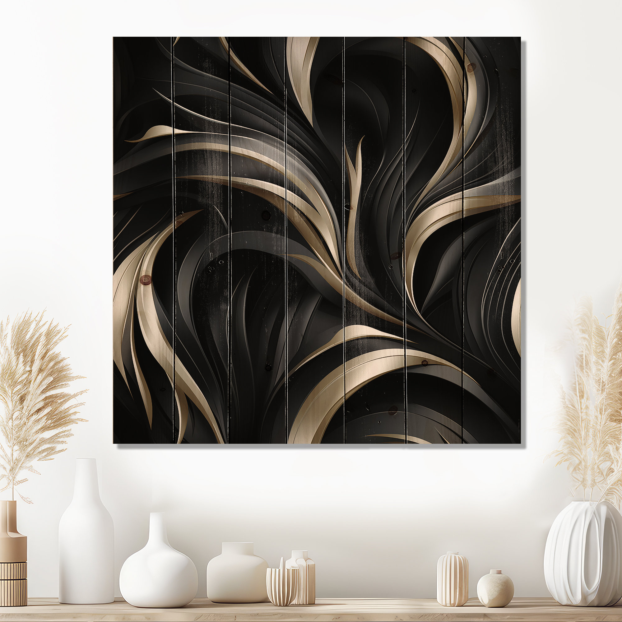 Design Art Deep Black Silver Elegance - Abstract Wood Wall Decor ...