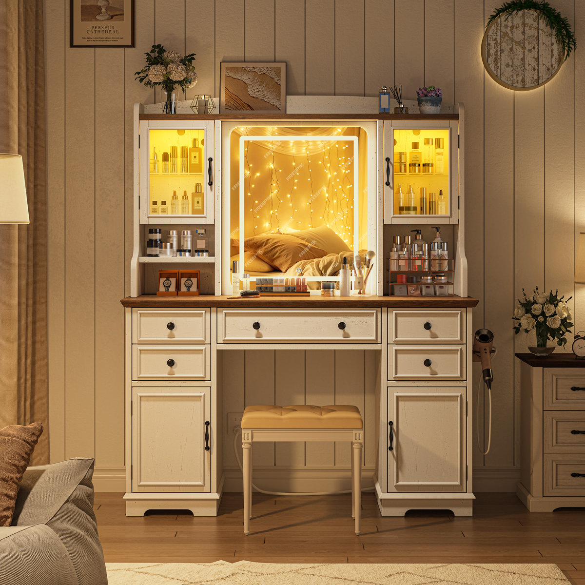 Alcott Hill® Large Vanity Desk With Mirror And Lights Girls Vanity With ...