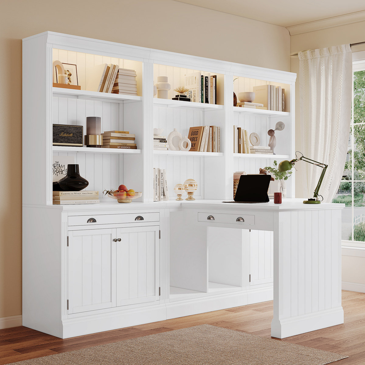 Home Decor Home Office Desk With Drawers Bookshelf with Writing Desk ...