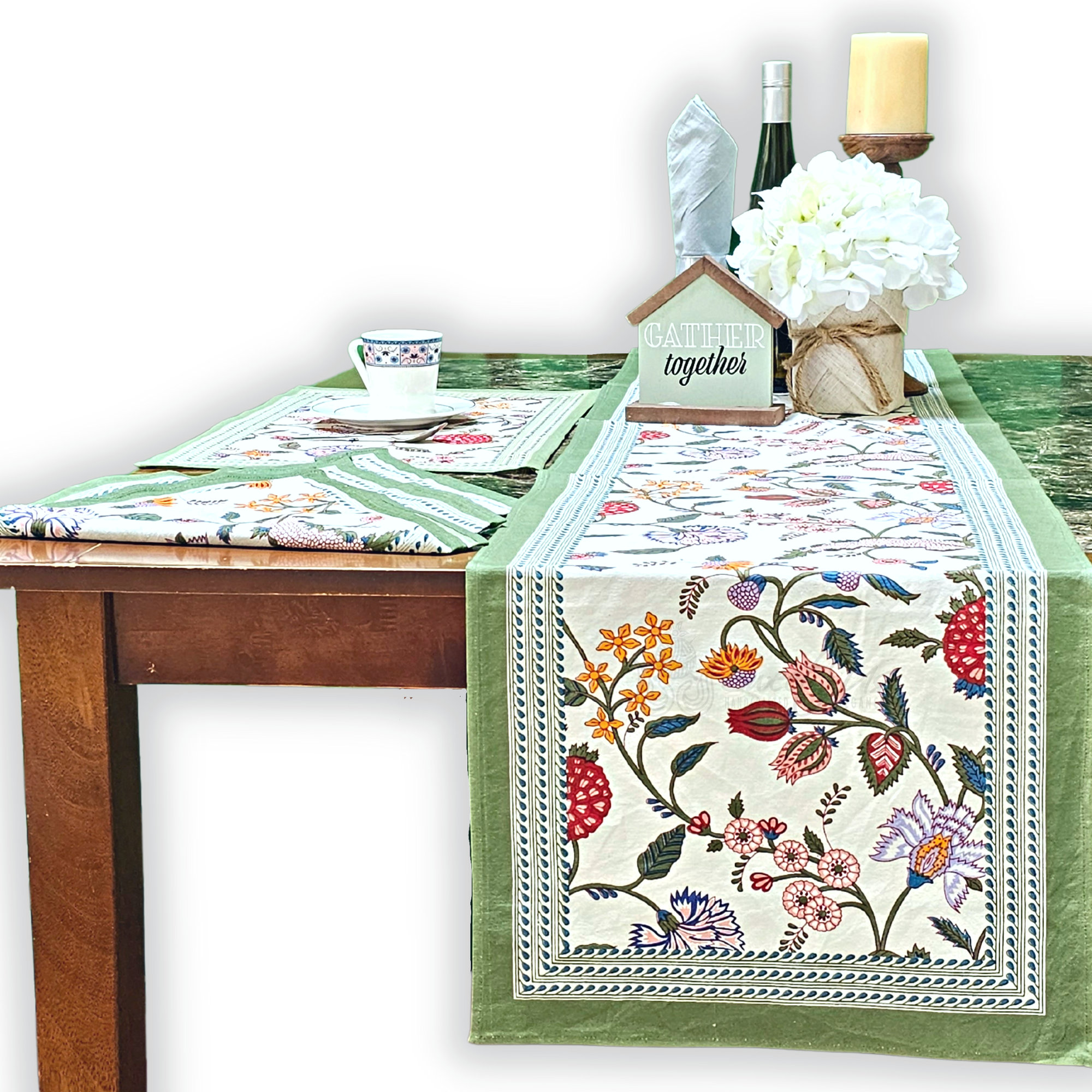 East Urban Home Floral Collection 100% Cotton Table Runner, Green/White ...