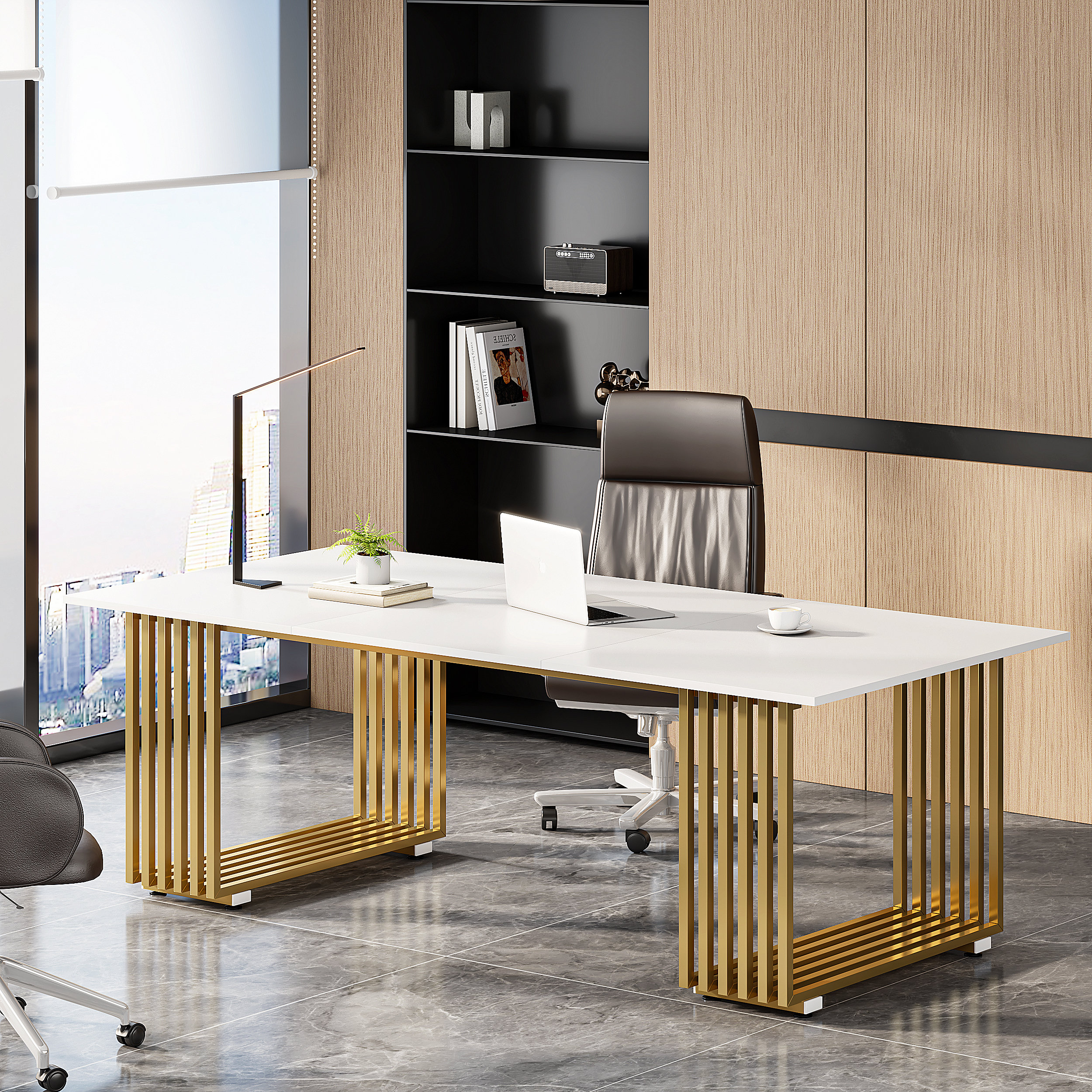 Mercer41 70.9" Large Modern Office Desk, Wooden Computer Desk With Gold ...
