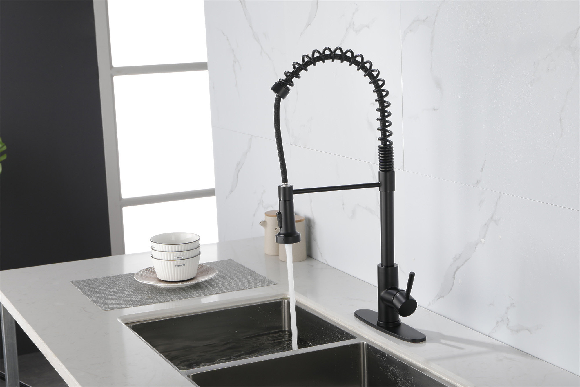 LOONGFIELD Commercial Spring Kitchen Faucets Matte Black With Pull Out ...