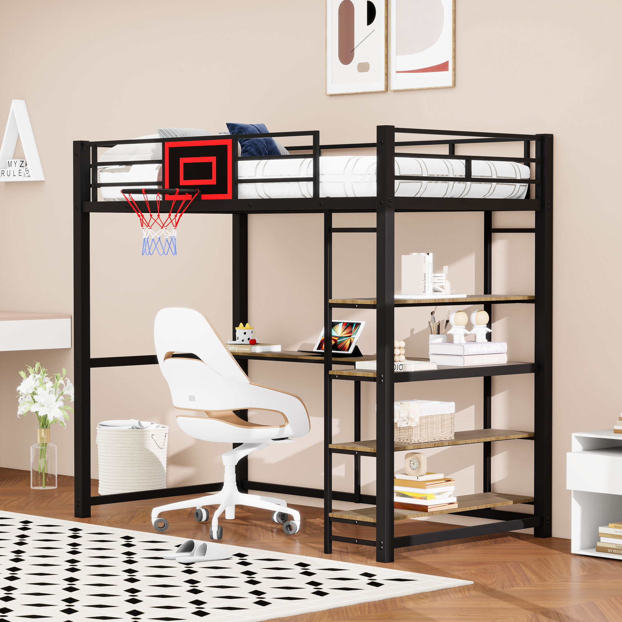 Mason & Marbles Twin Metal Loft Bed With Built-In Shelf, Basketball ...