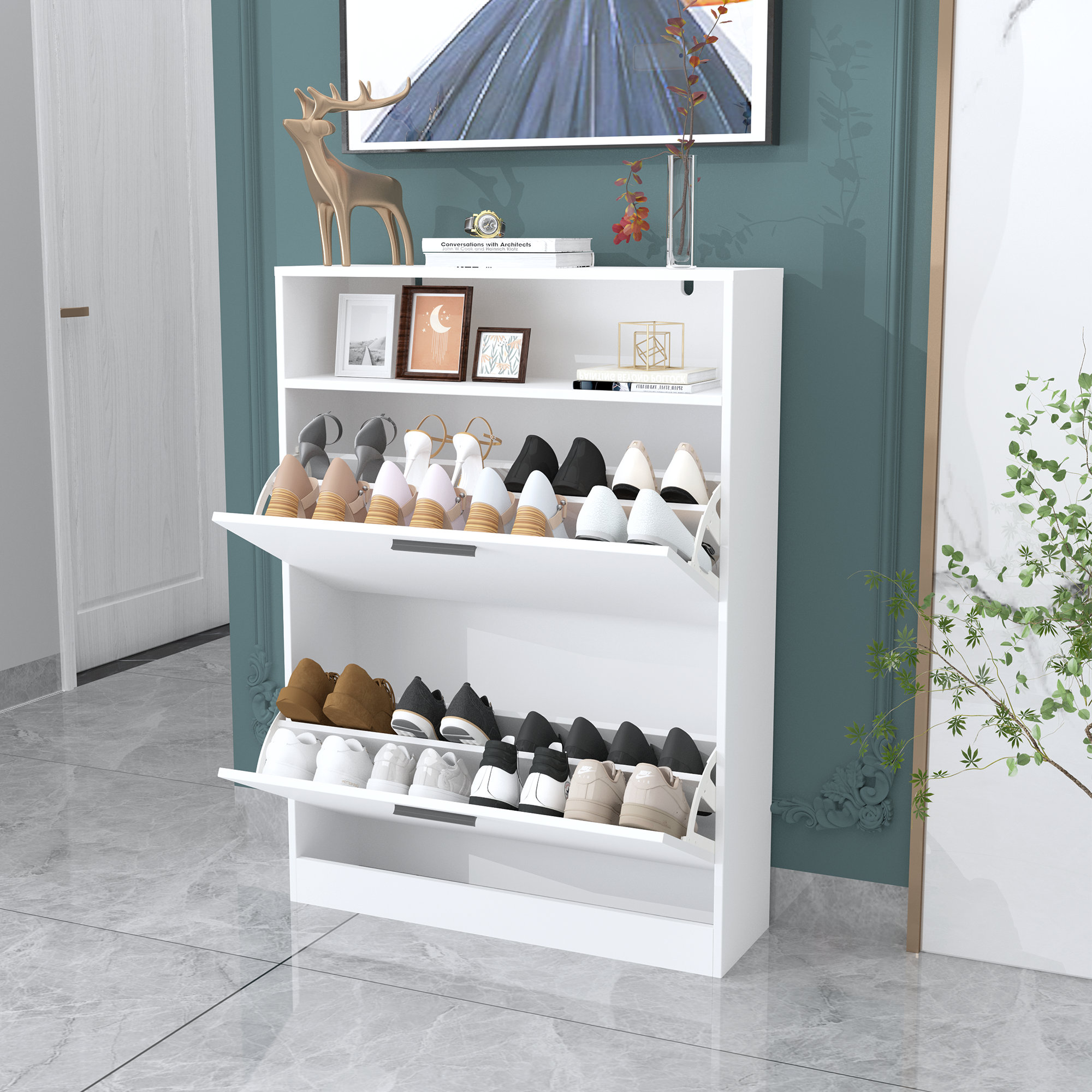 Rebrilliant Shoe Storage Cabinet With 2 Flip Drawers, Sturdy Wood ...