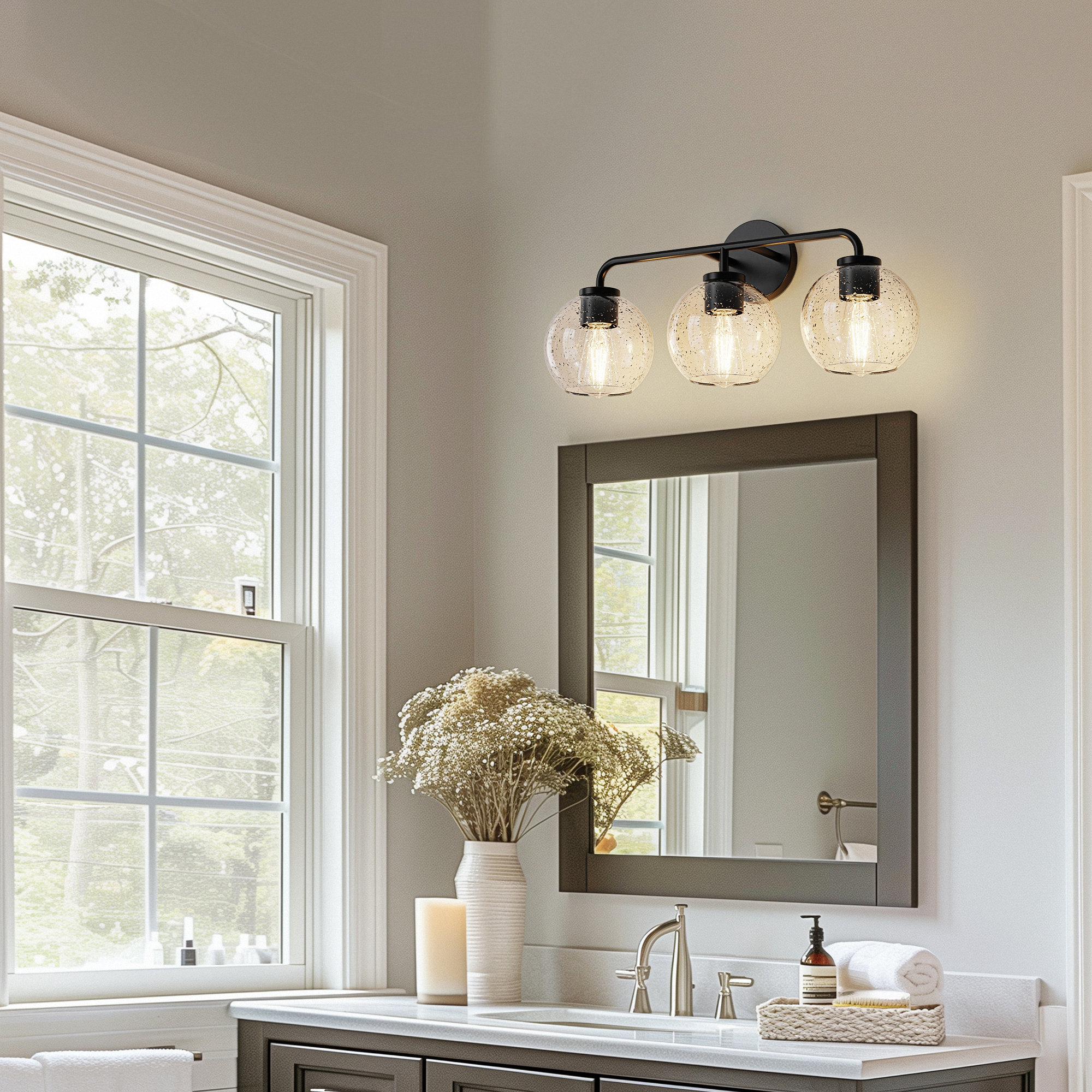 Breakwater Bay Adeliz Modern 3-Light Black Vanity Fixture With Bubble Glass Shades | Wayfair