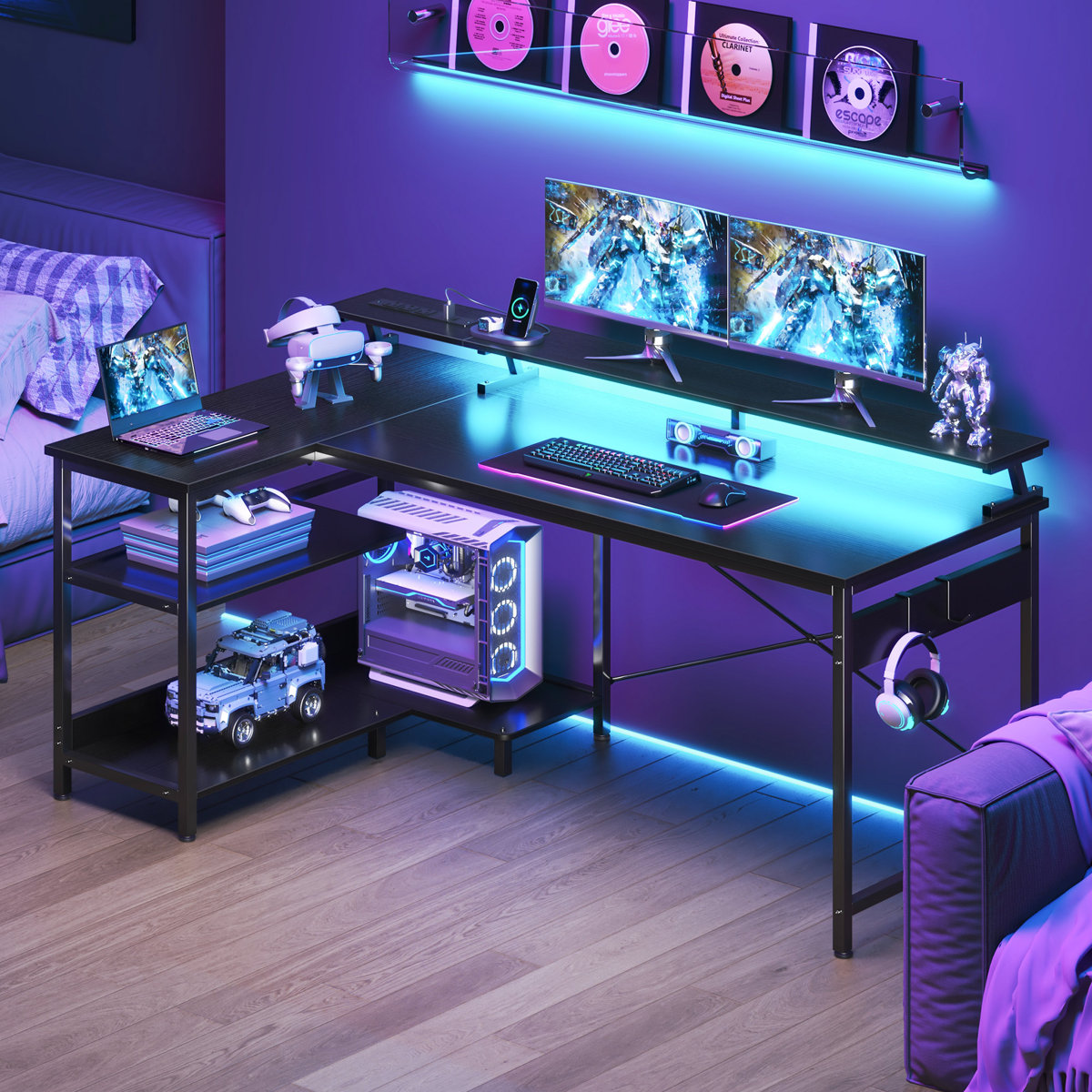 Inbox Zero Kirstey L-Shape Gaming Desk with Built in Outlets,Computer ...