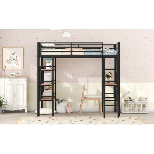 Twin Size Metal Loft Bed with Shelves and Desk - No Box Spring Needed ...