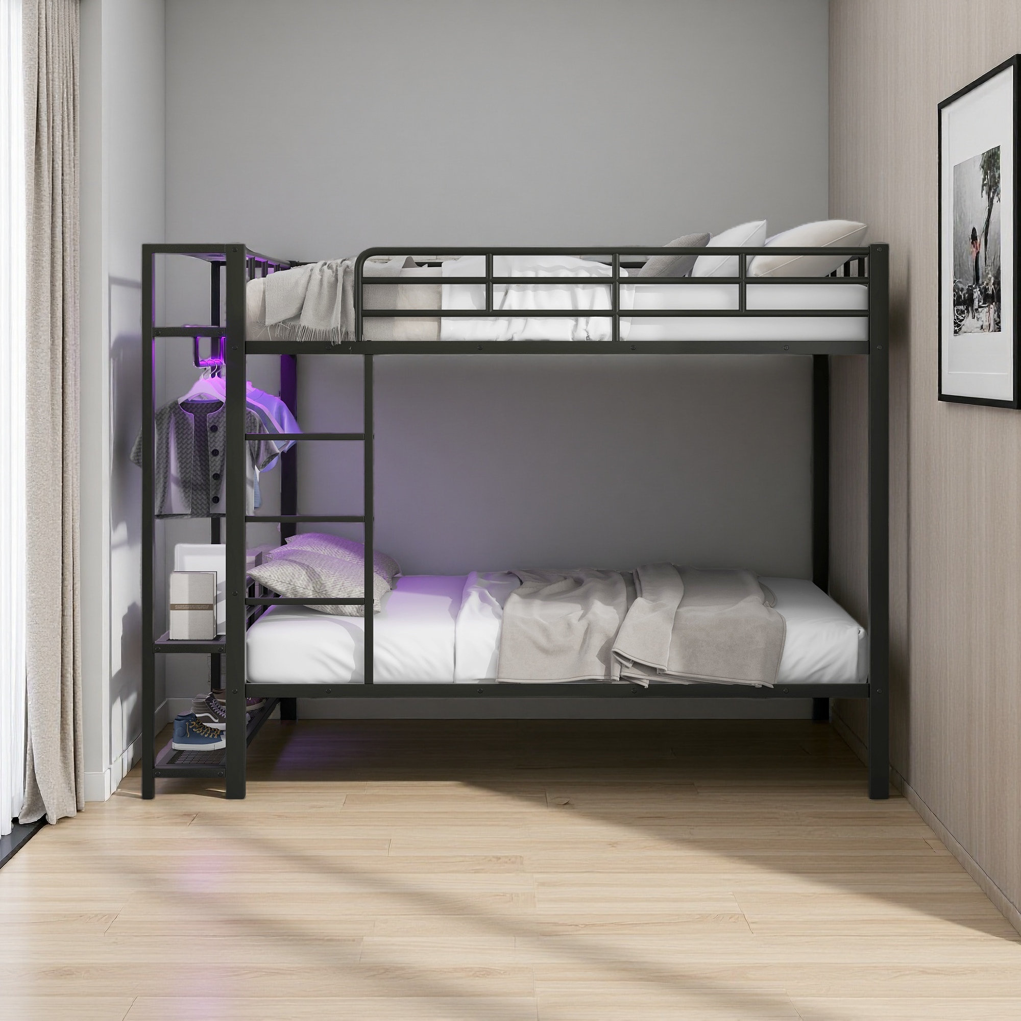 Ivy Bronx Full Size Metal Bunk Bed With Storage Mesh Shelves And ...