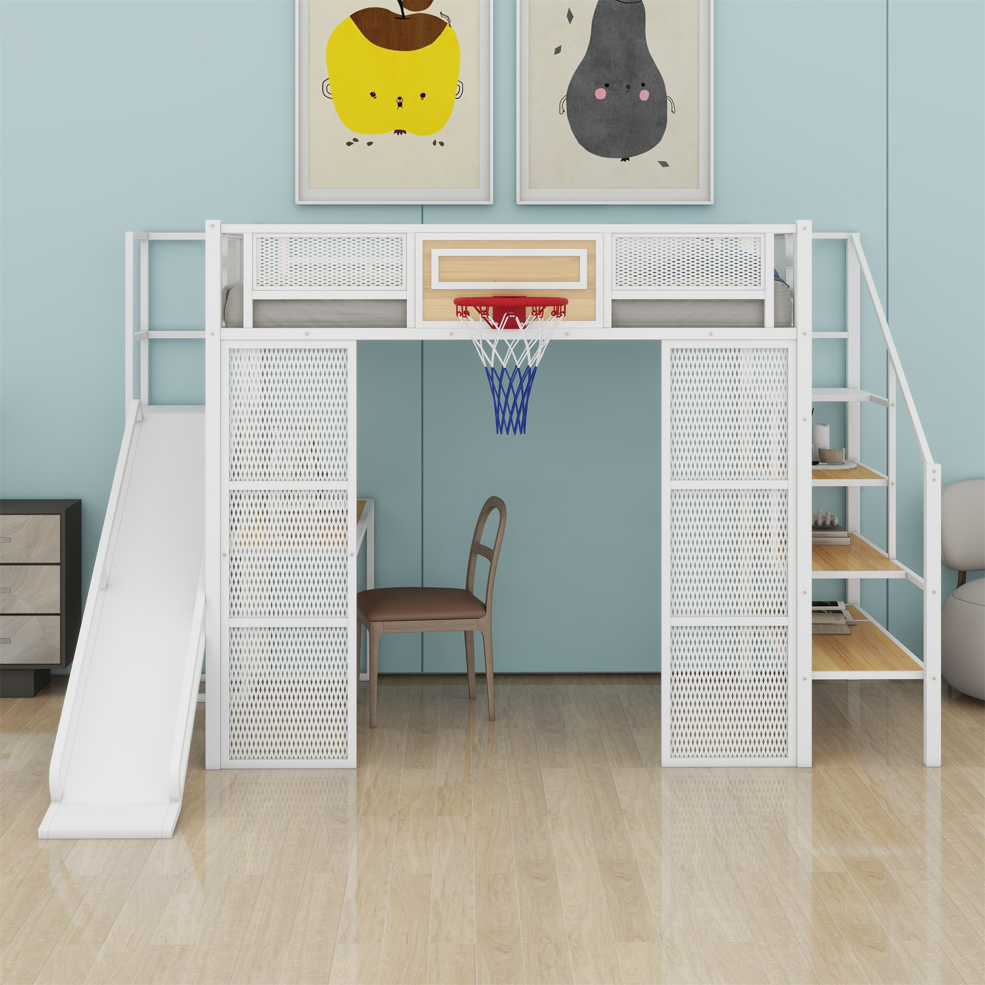 Latitude Run® Metal Loft Bed With Built-In Desk, Open Wardrobe ...
