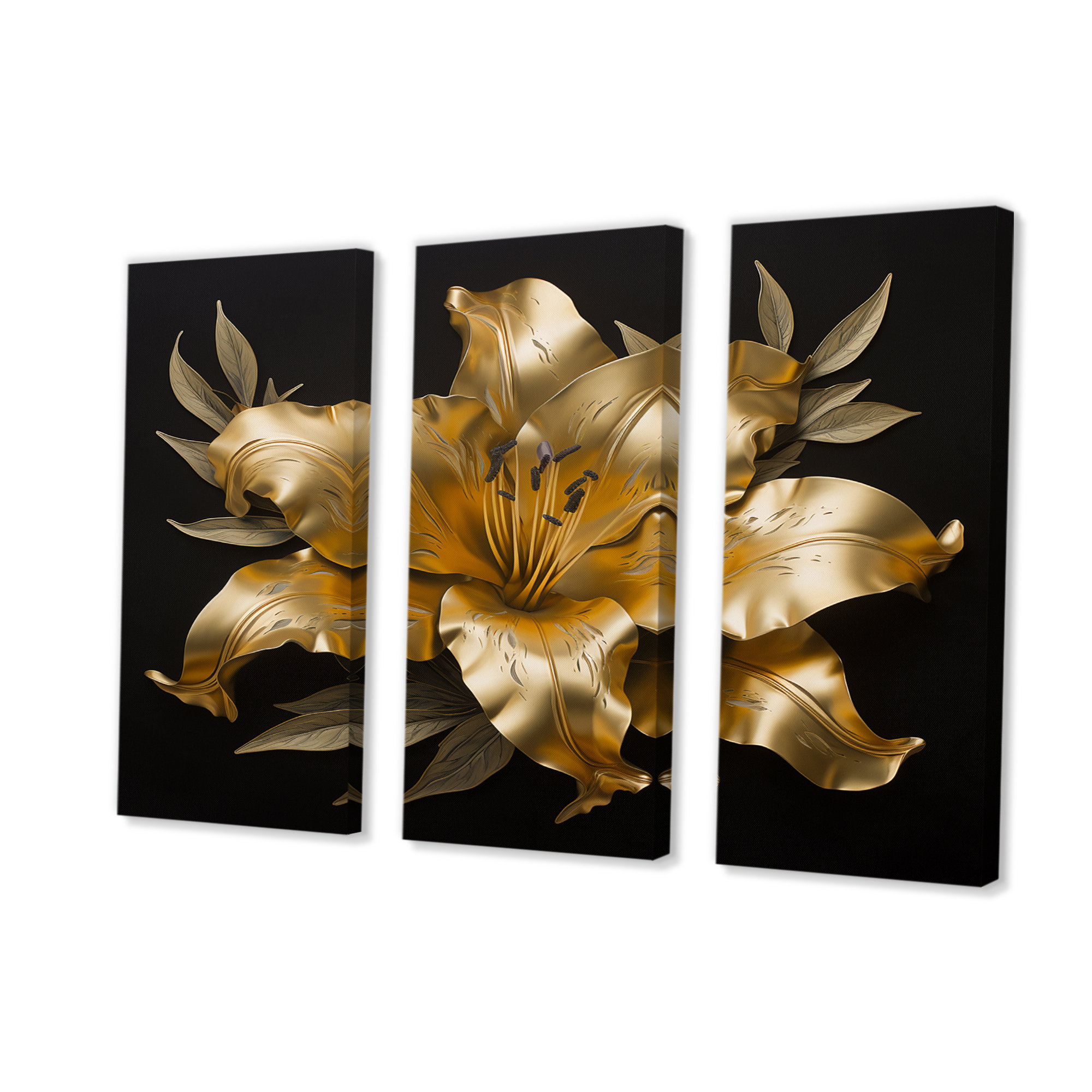 Design Art Golden Lily Flower Glam On Black VI - Lily Wall Art Prints ...