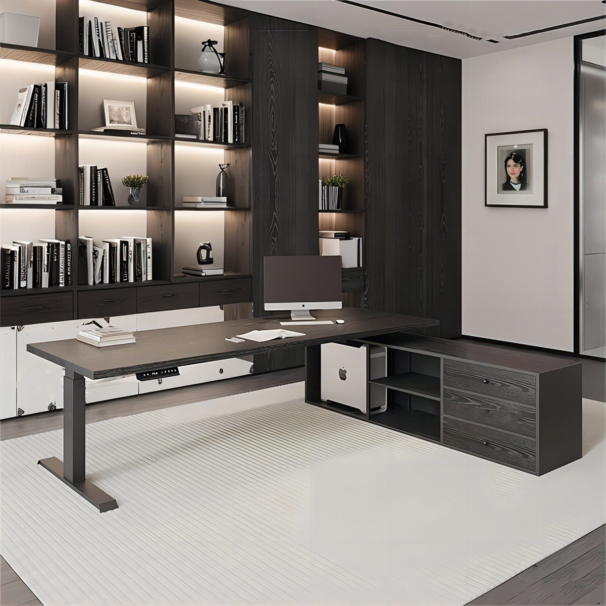 Brass Foam Black L-shape Solid Wood High-Low Adjustment Executive Desk ...