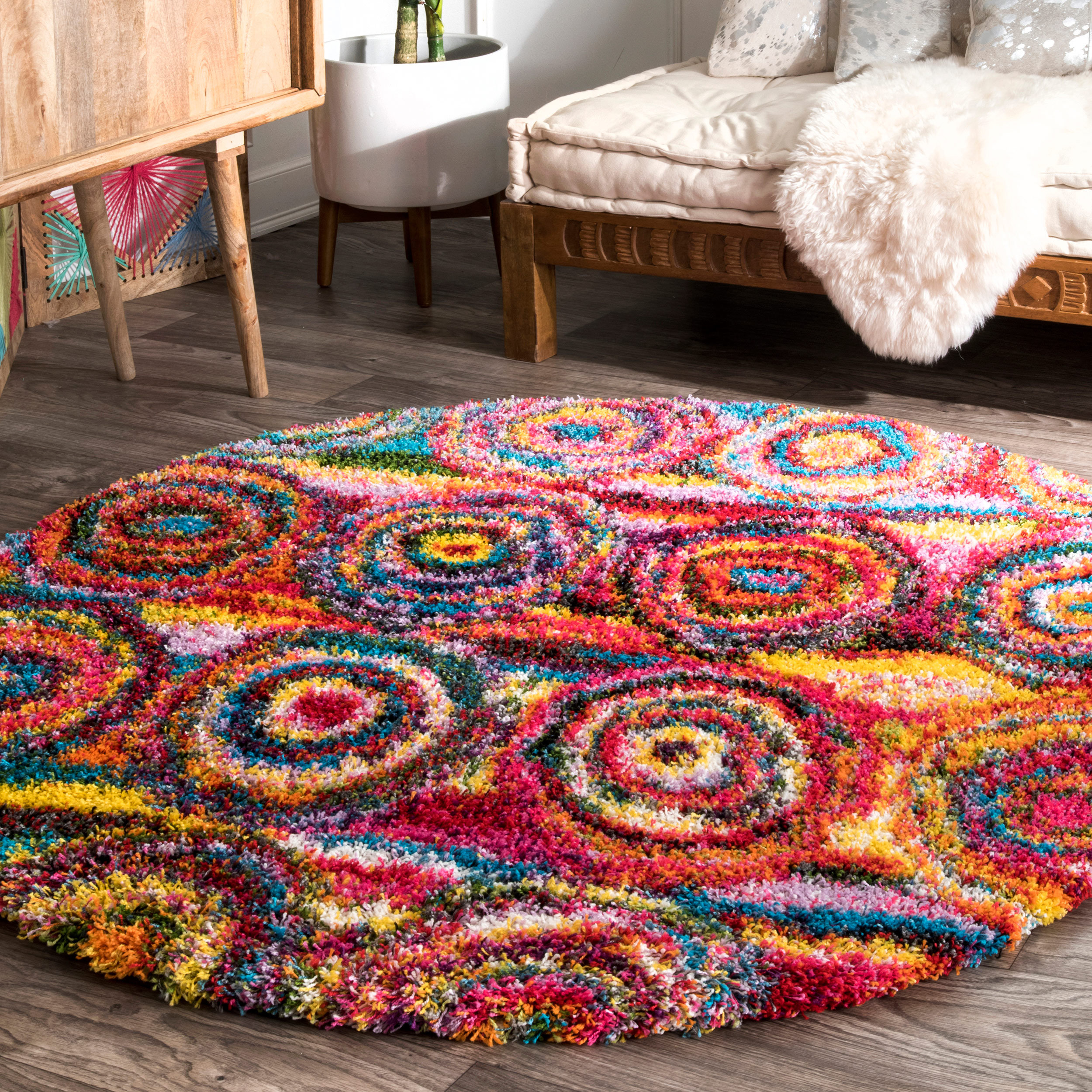 Latitude Run® Verduzco Bohemian Circles Pink/Yellow/Multi Shag Rug ...
