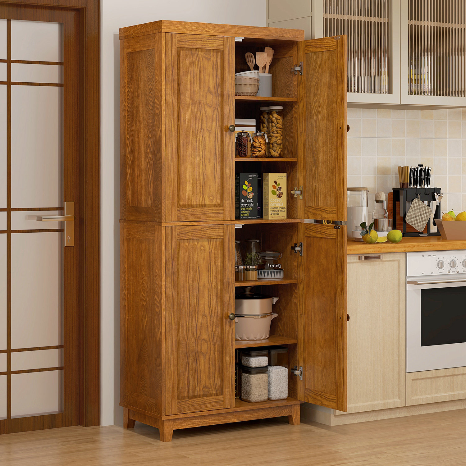 Loon Peak Kitchen Pantry Storage Cabinet with 4 Soft-Close Doors and ...
