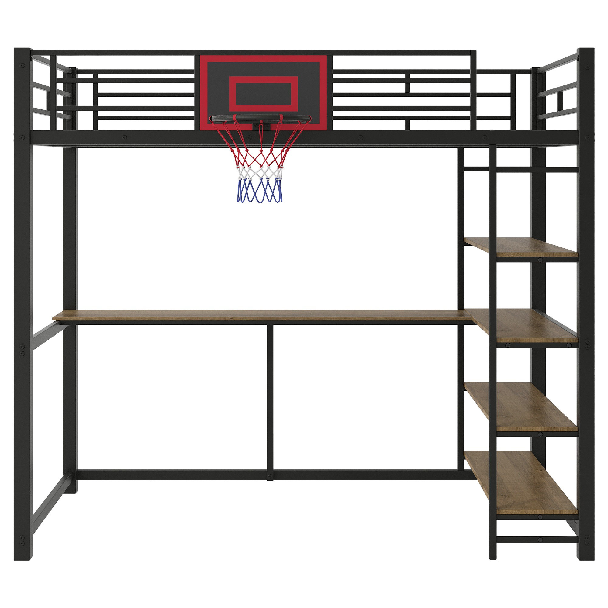 Latitude Run® Twin Size Metal Loft Bed with Shelves, Desk & Basketball ...