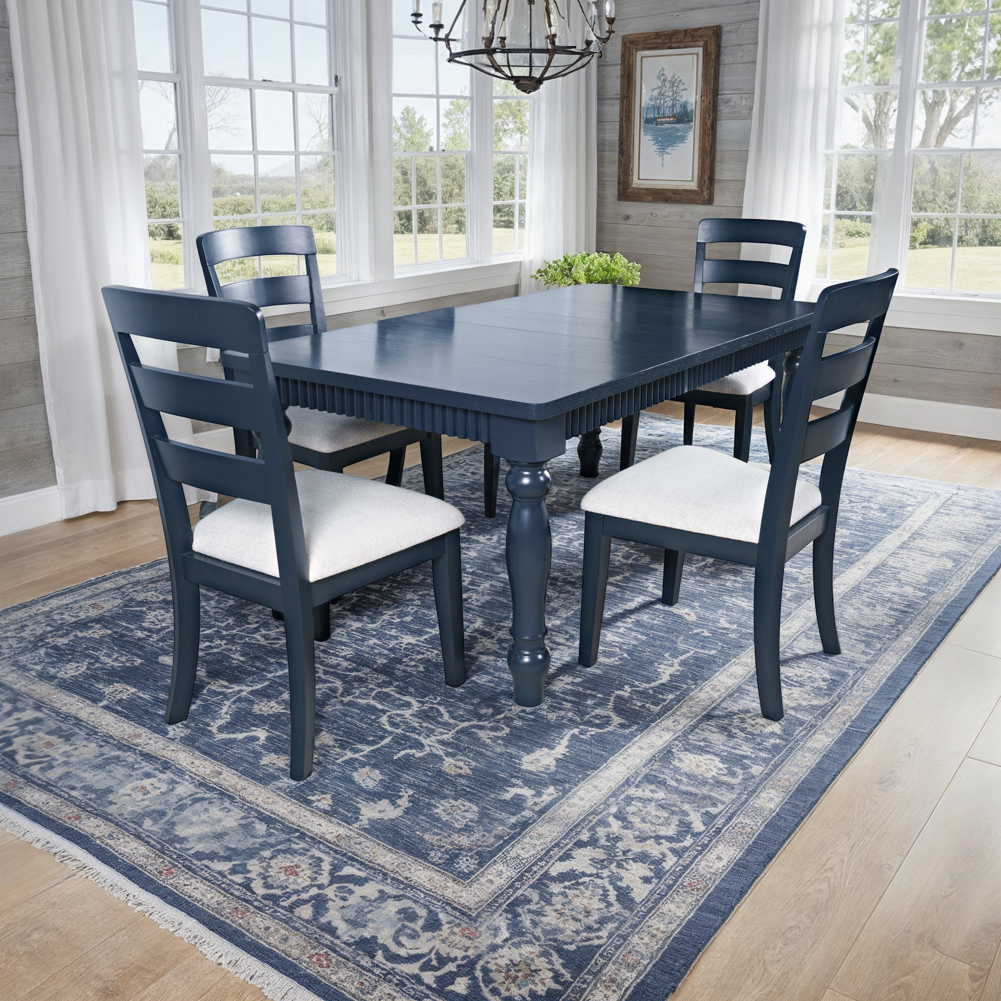 Alcott Hill Gunes Modern Farmhouse Five Piece Extension Dining Set With Ladderback Chairs - Navy ...