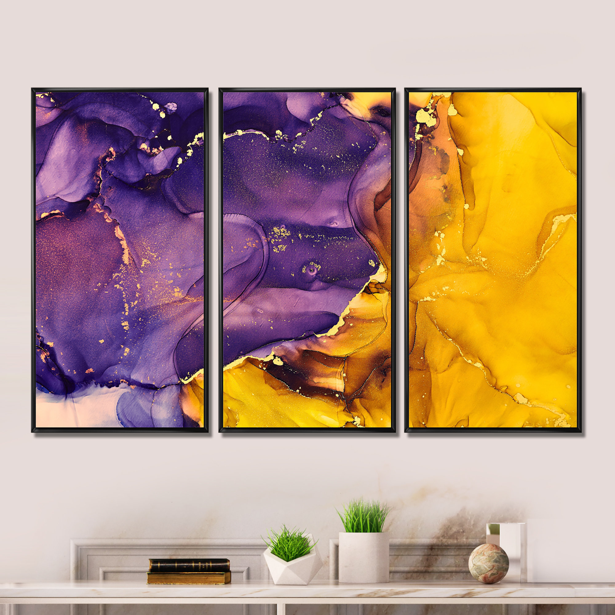 Everly Quinn Purple And Gold Luxury Abstract Fluid Art II - 3 Piece ...