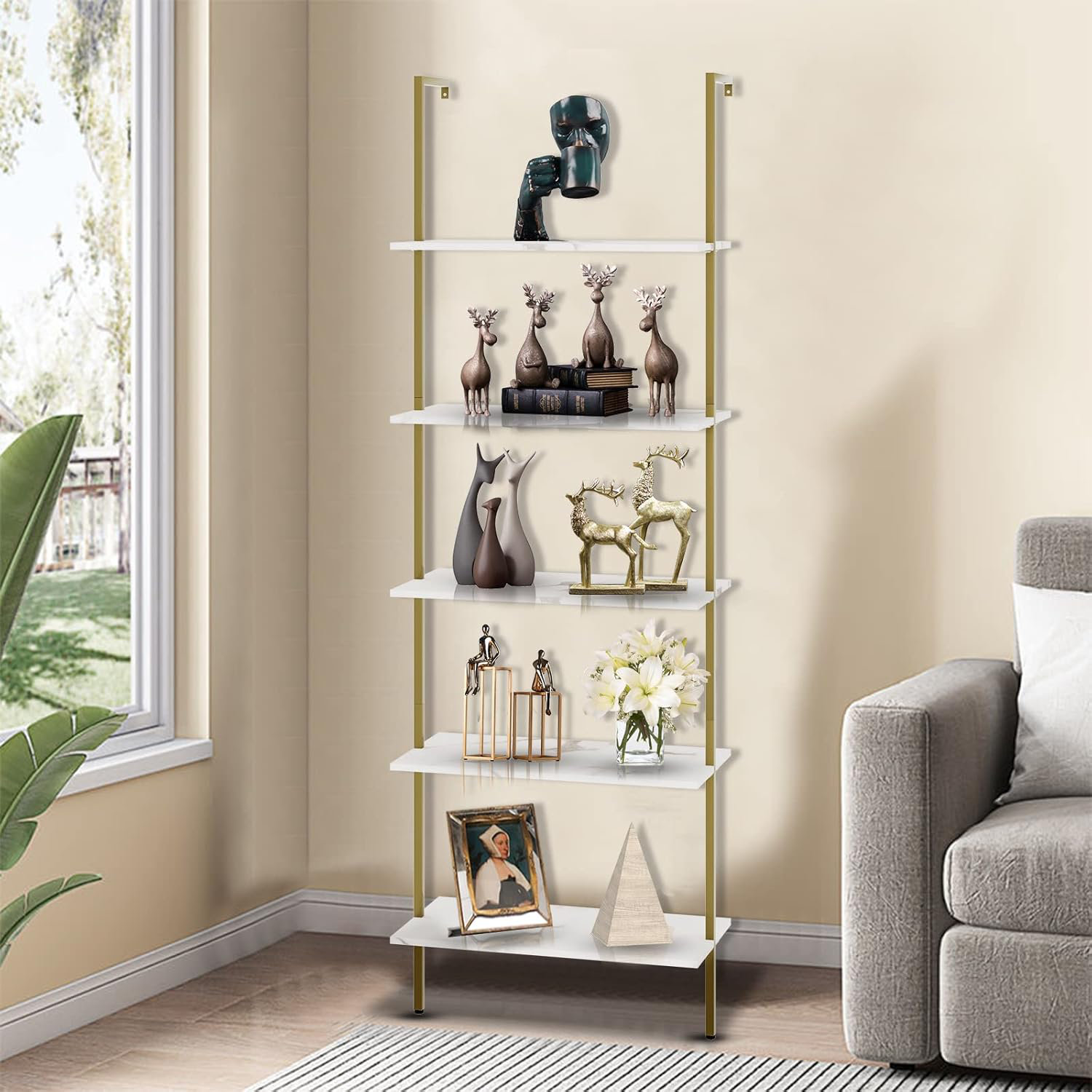 Mercer41 Ladder Shelf White Marble Bookshelf 5-Tier Wall-Mounted | Wayfair
