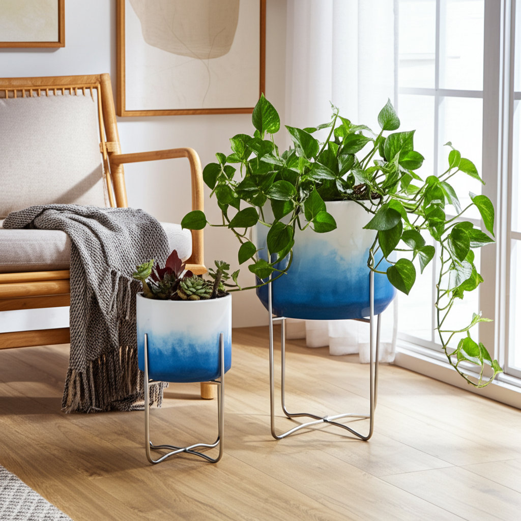 Wrought Studio Modern Metal And Iron Planters With Sleek Stands - Set ...
