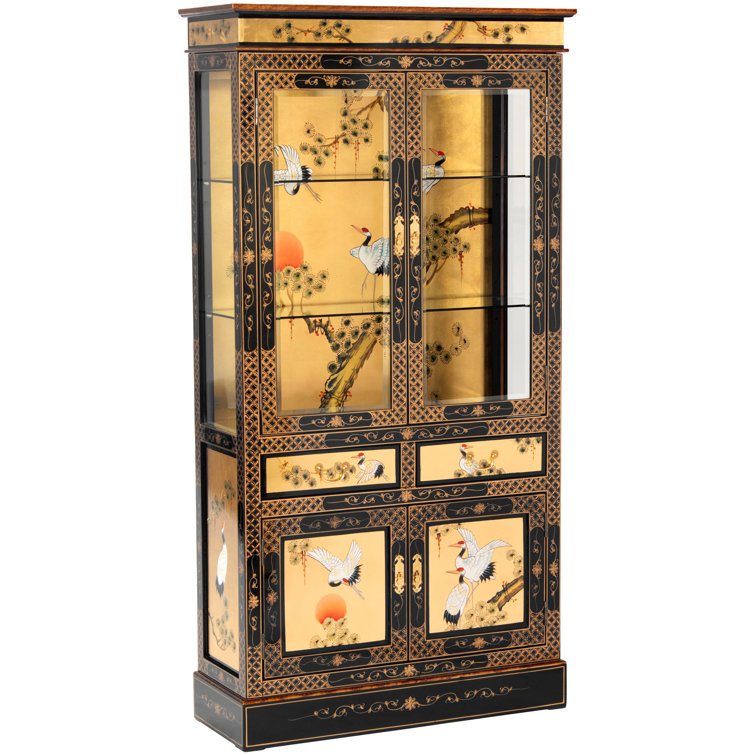 Oriental Furniture Gold Lacquer Curio Cabinet - Cranes | Perigold
