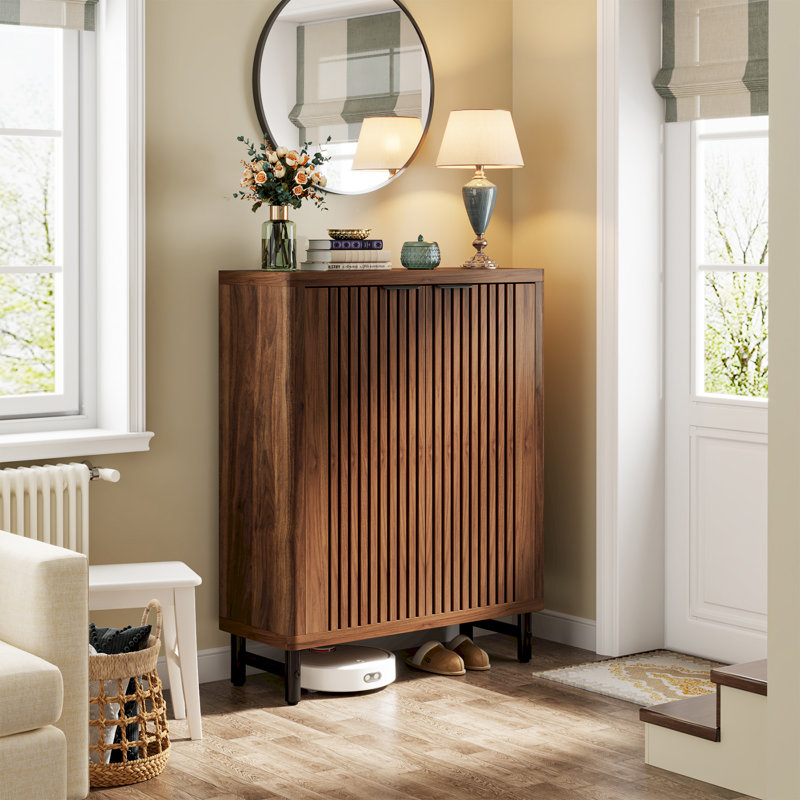 Loon Peak® 24 Pair Walnut Shoe Storage Cabinet with Louvered Doors ...