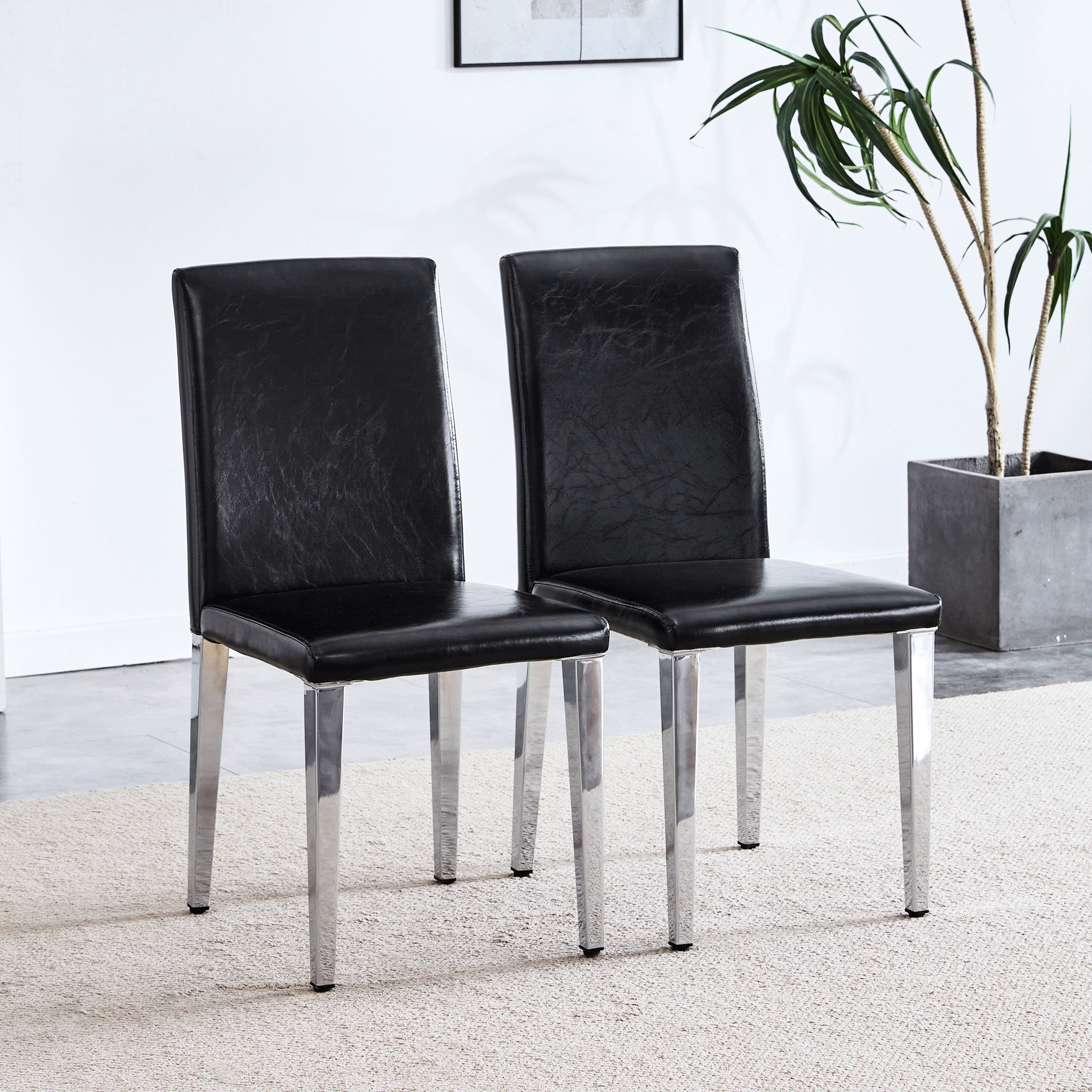 Wrought Studio™ Pair Of Black Pu Chairs With Silver - Legs, Comfortable ...